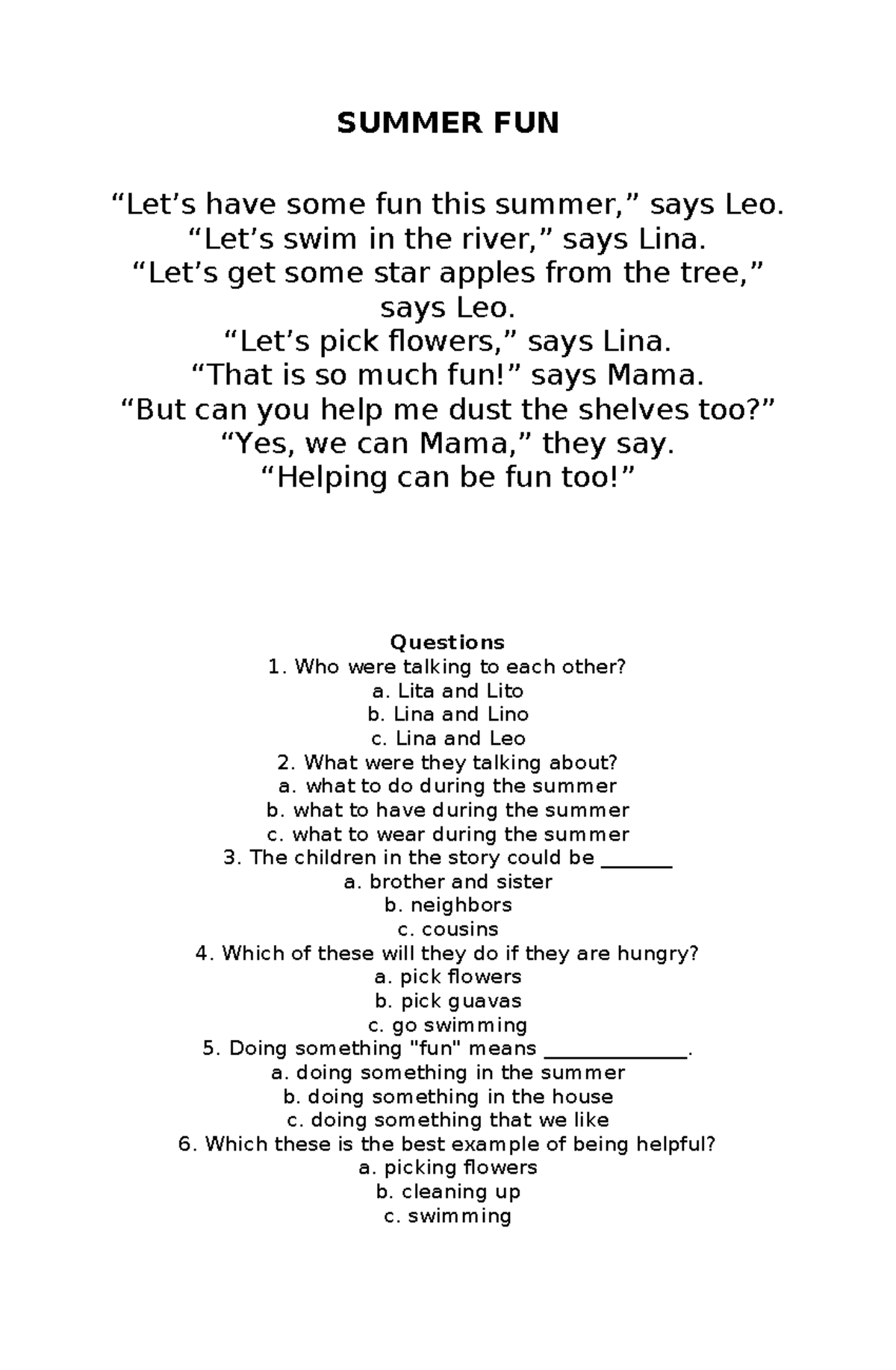 PHIL-IRI English Reading Passages - SUMMER FUN “Let’s have some fun ...