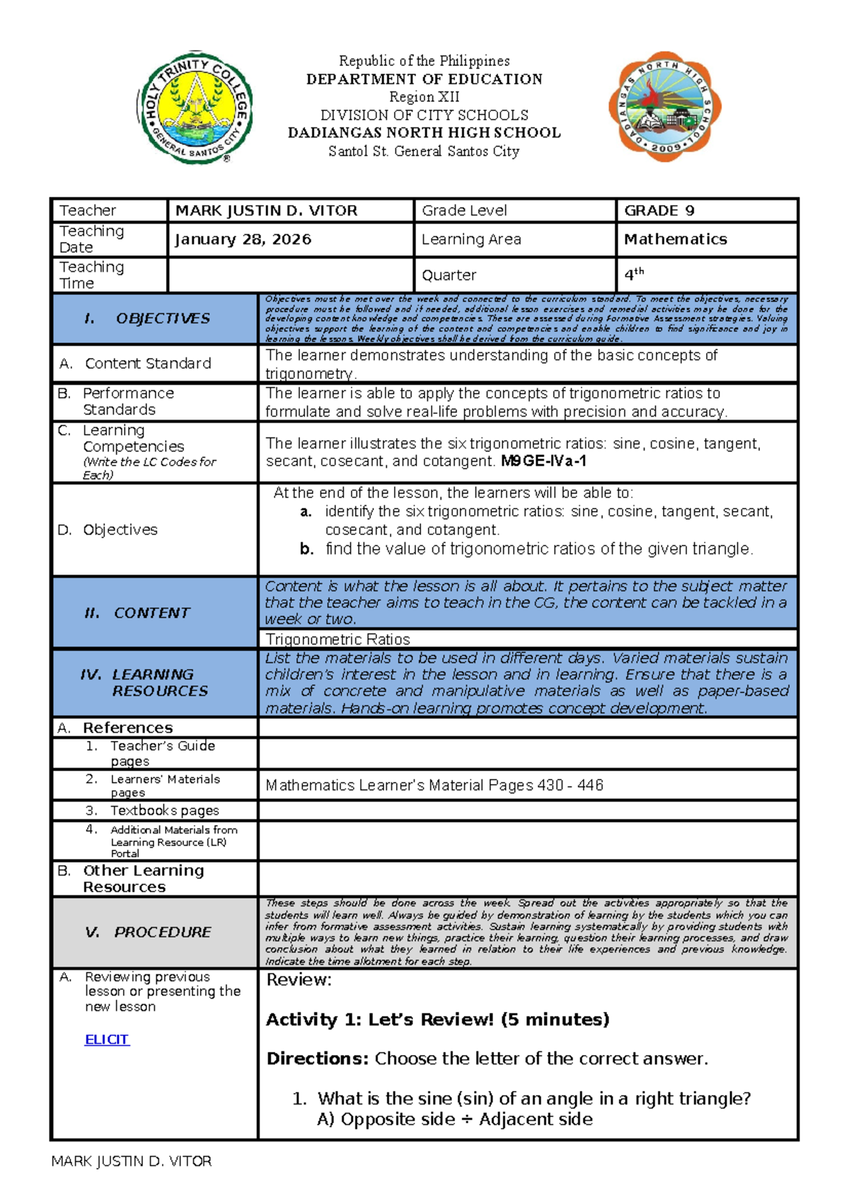 Vitor 7ES LP 4th Week 1 - Trigonometric Ratios Lesson Plan - Studocu