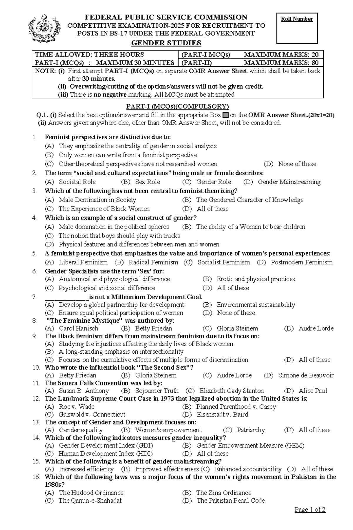 GENDER STUDIES Competitive Exam Past Papers (2025) - Studocu