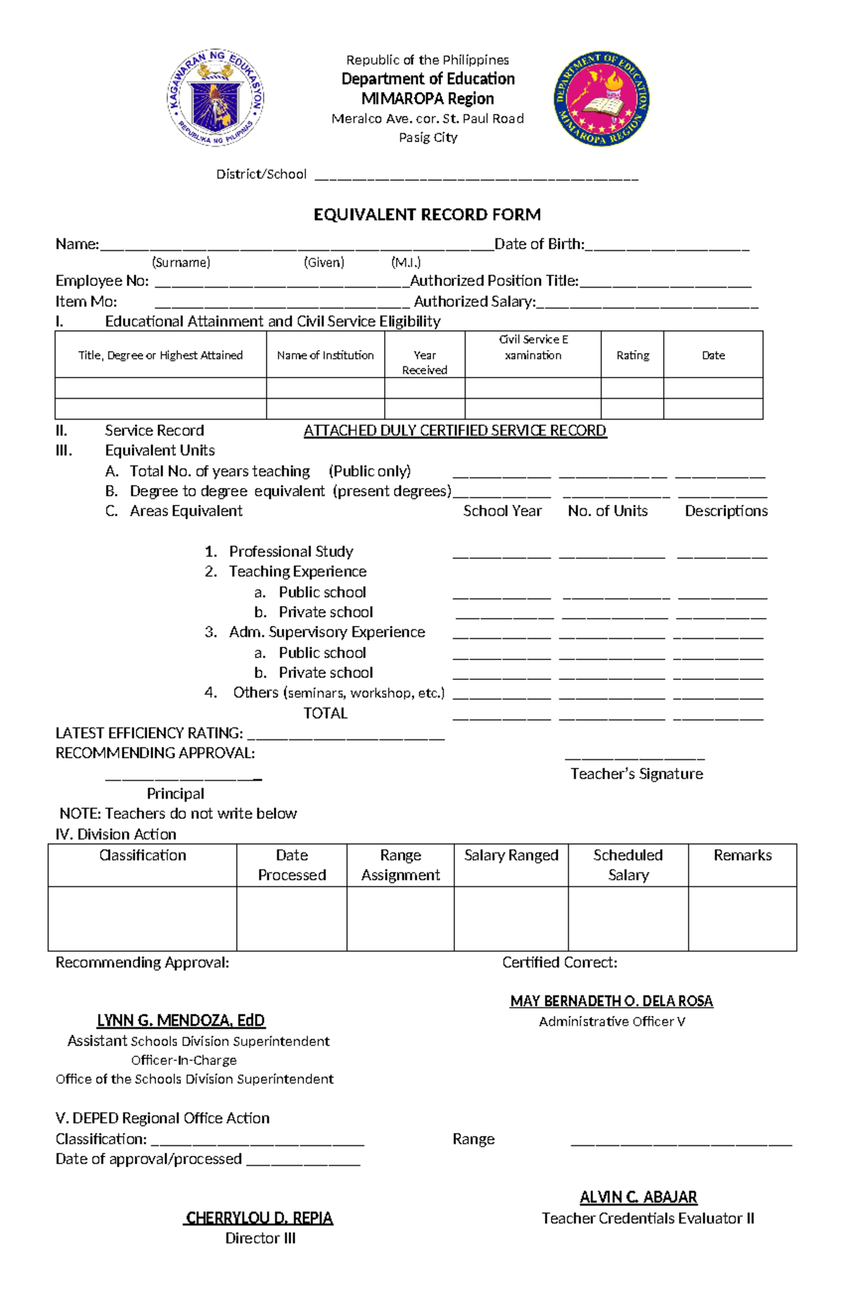 NEW-ERF-1: Equivalent Record Form for Teacher Credentials Evaluation ...