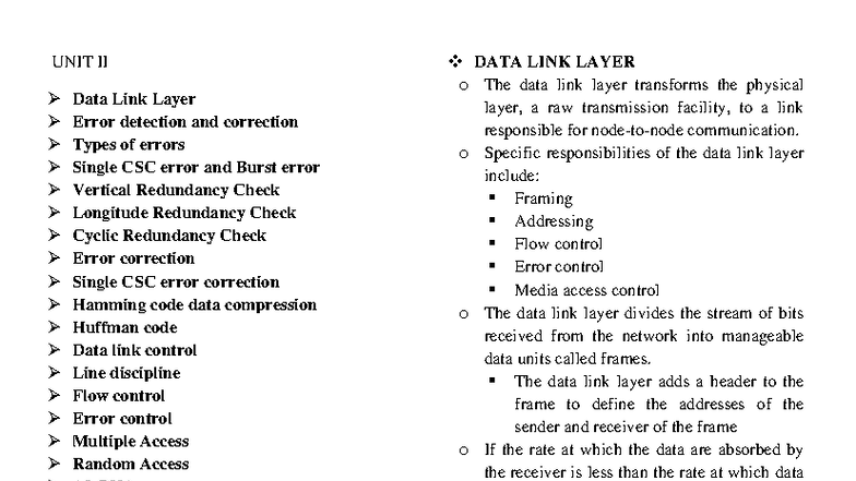 Unit II - Data Link Layer: Error Detection, Correction & Control Notes ...