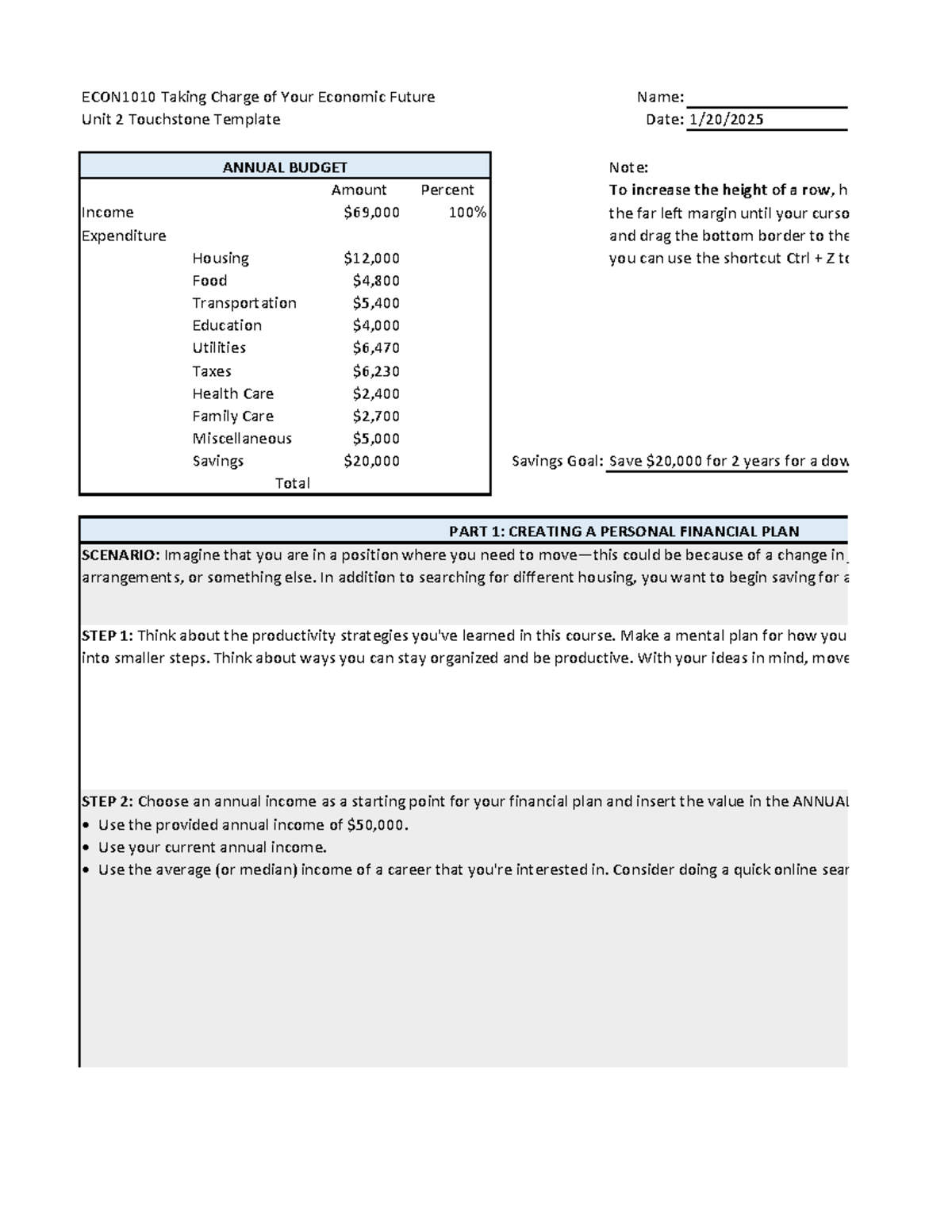 ECON1010 Unit 2 Touchstone Template: Personal Financial Planning ...