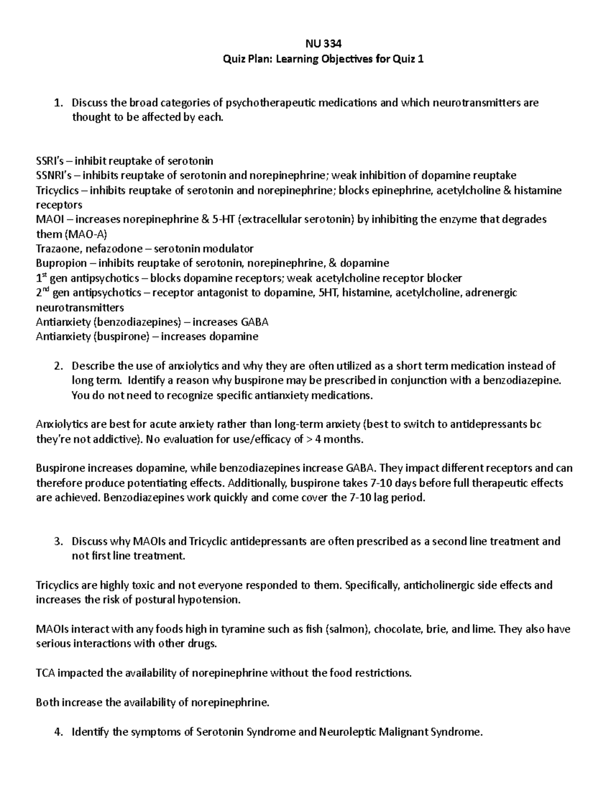 Quiz 1 objectives answers - NU 334 Quiz Plan: Learning Objectives for ...