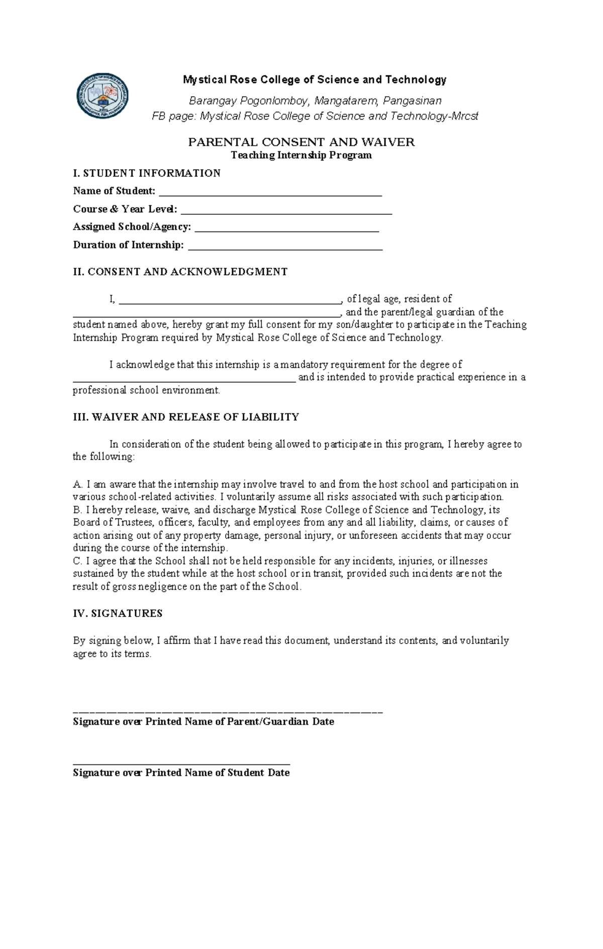 Parental Consent and Waiver for Teaching Internship Program - Studocu