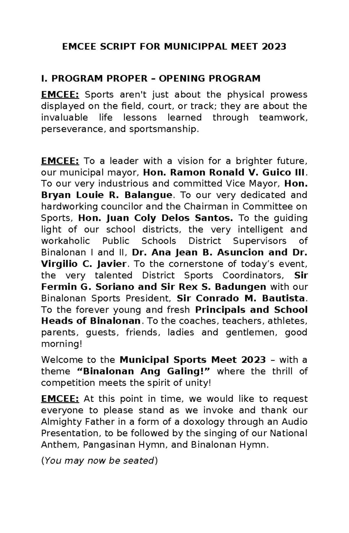 Emcee Script for Municipal Meet 2023: A Comprehensive Guide - Studocu