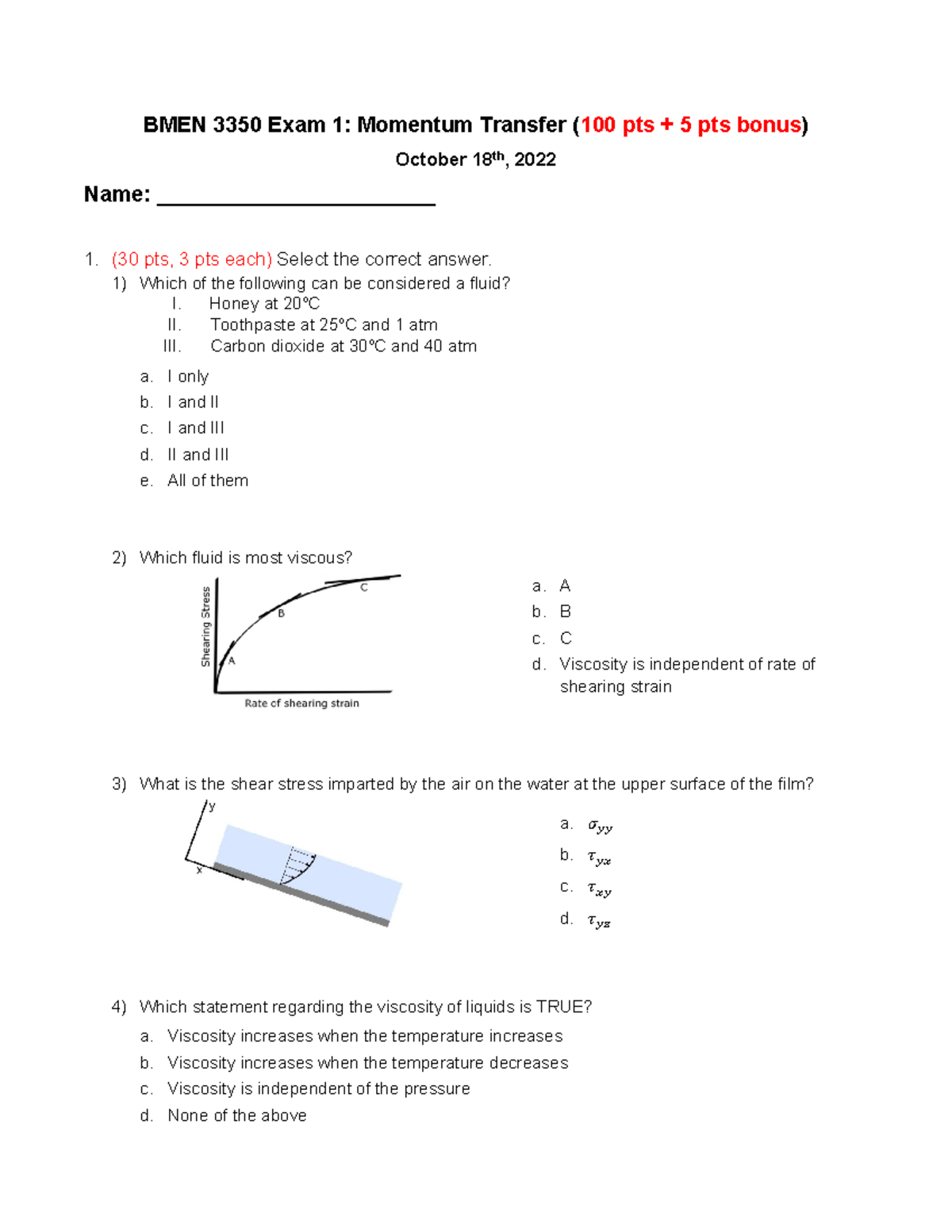 BMEN 3350 Exam I Study Guide - Momentum Transfer (Oct 2022) - Studocu