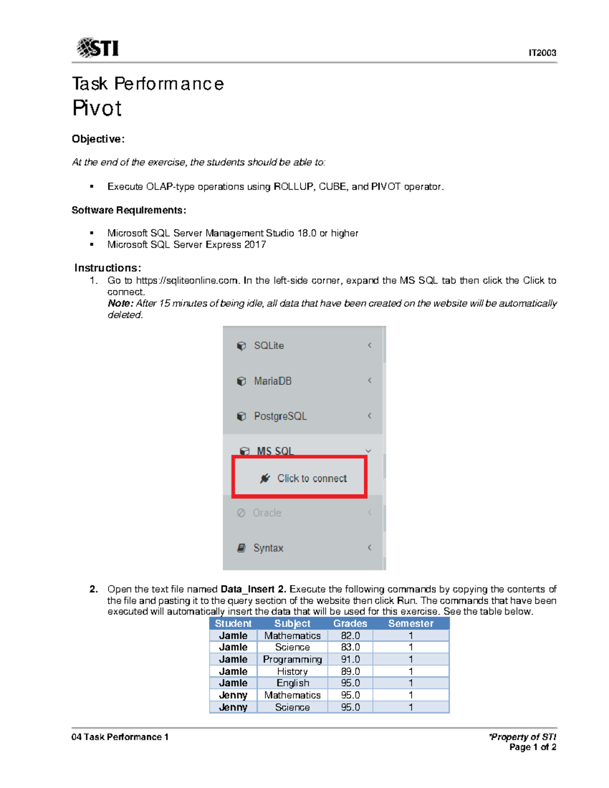 IT2003 Task Performance: Using ROLLUP, CUBE, and PIVOT in SQL - Studocu