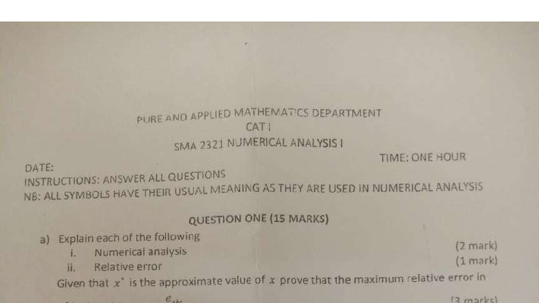 Numerical Analysis CAT SMA 2321: Exam Questions and Solutions - Studocu