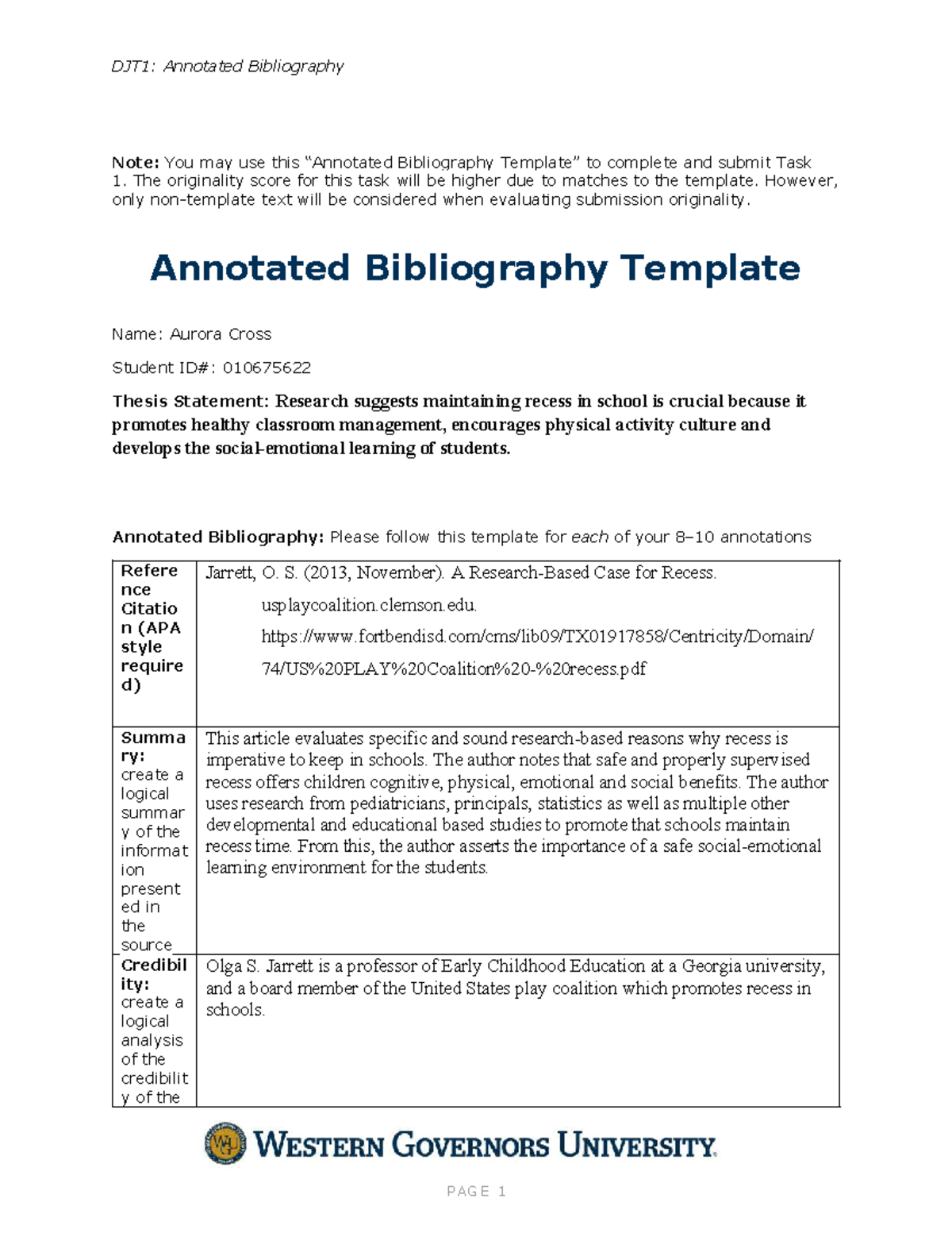 Annotated Bibliography Template - The originality score for this task will be higher due to ...