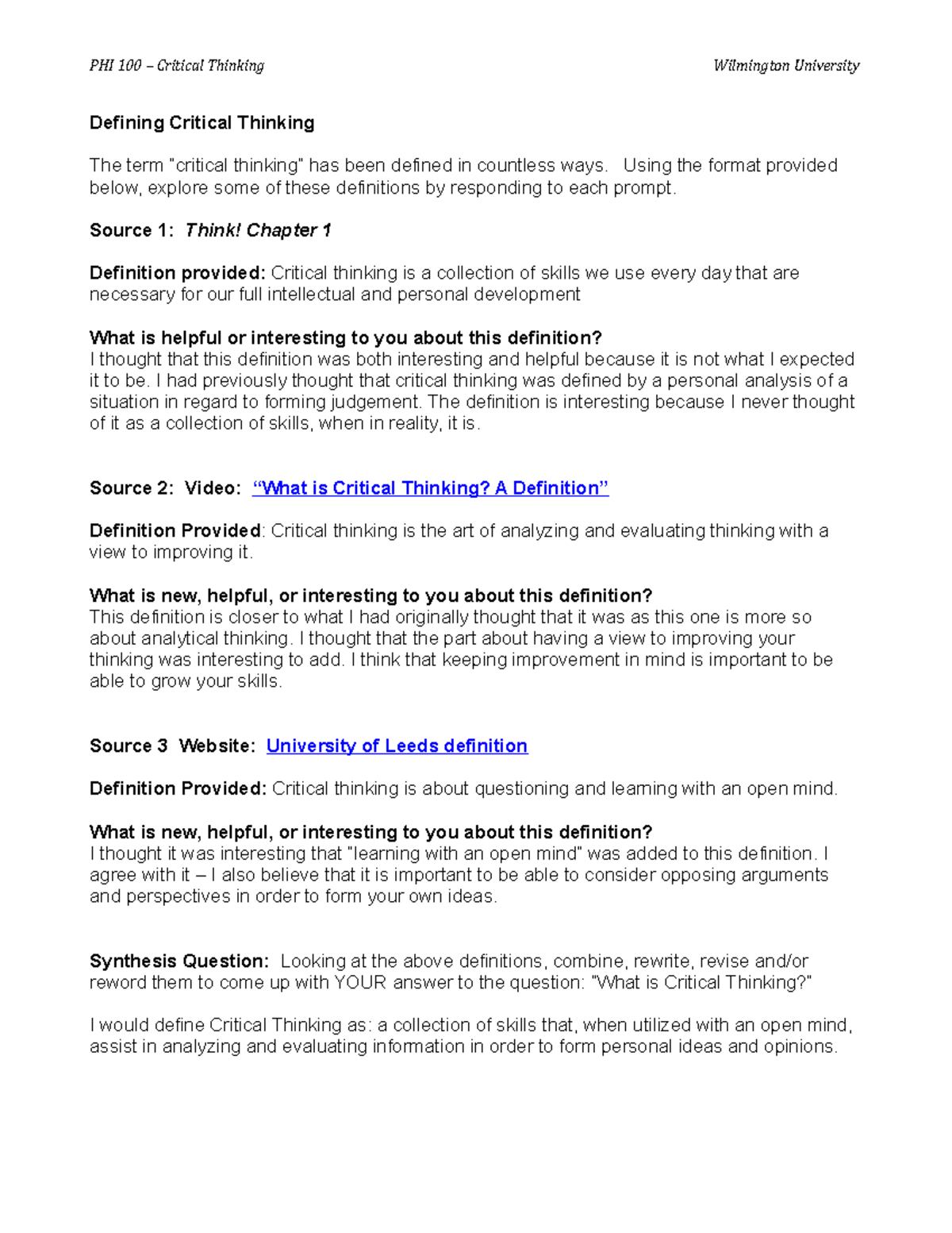 PHI 100 - Week 1 Defining Critical Thinking: A Synthesis of Concepts ...