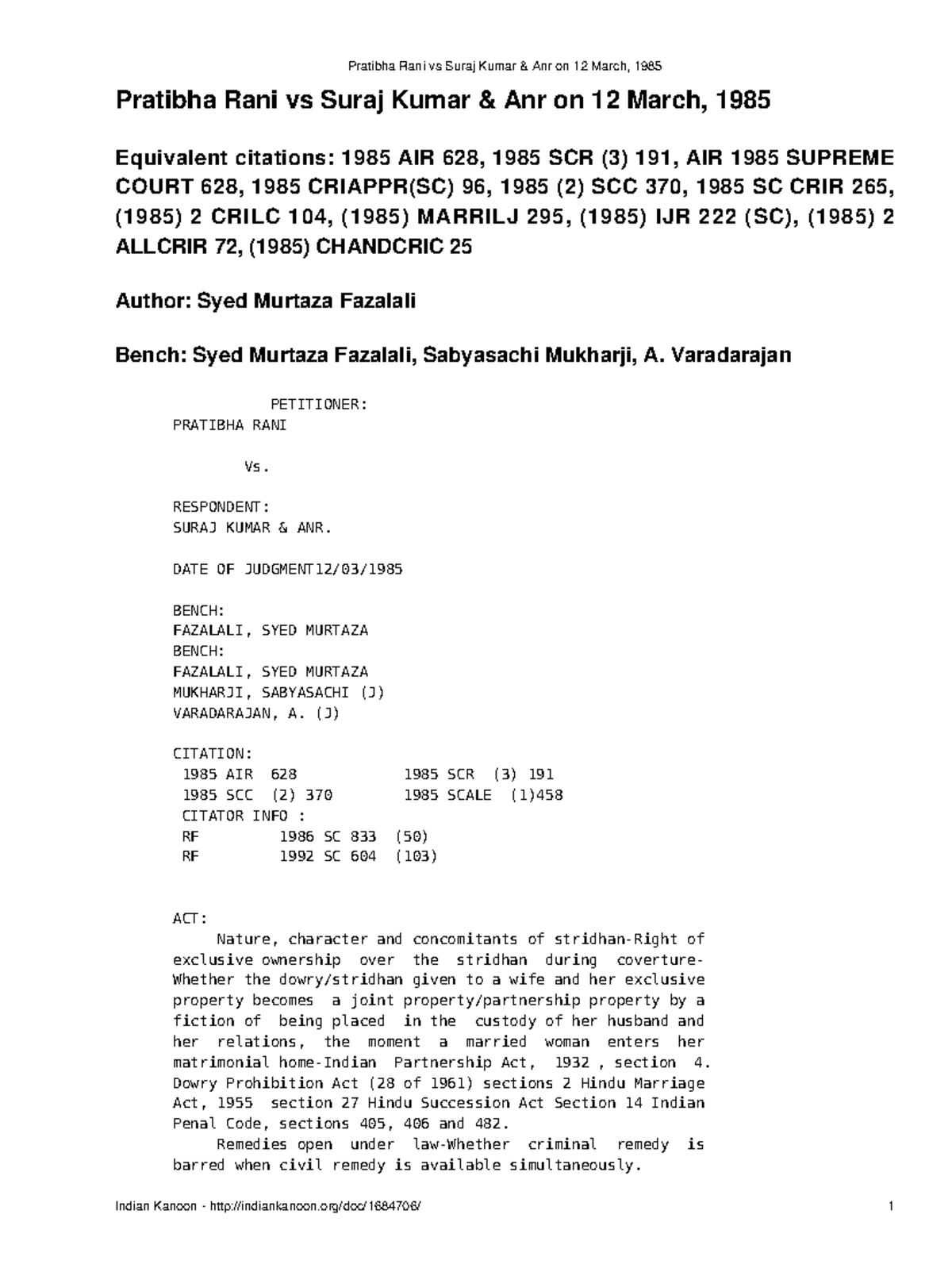 Case Study: Pratibha Rani vs Suraj Kumar Anr (1985) - Stridhan Rights ...