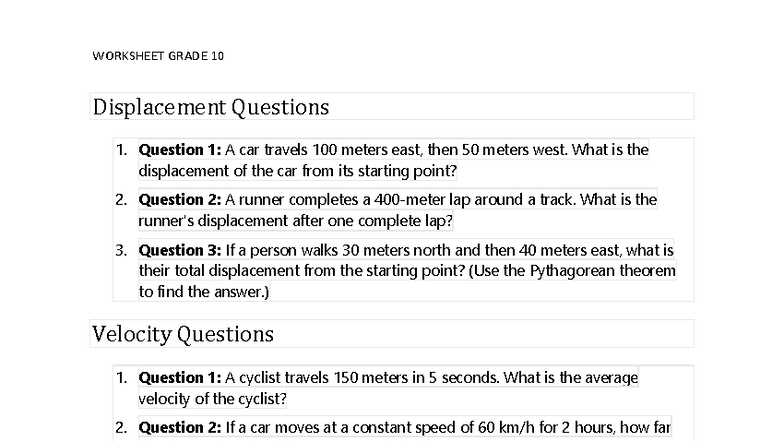 Grade 10 Physics Worksheet: Displacement, Velocity & Acceleration ...