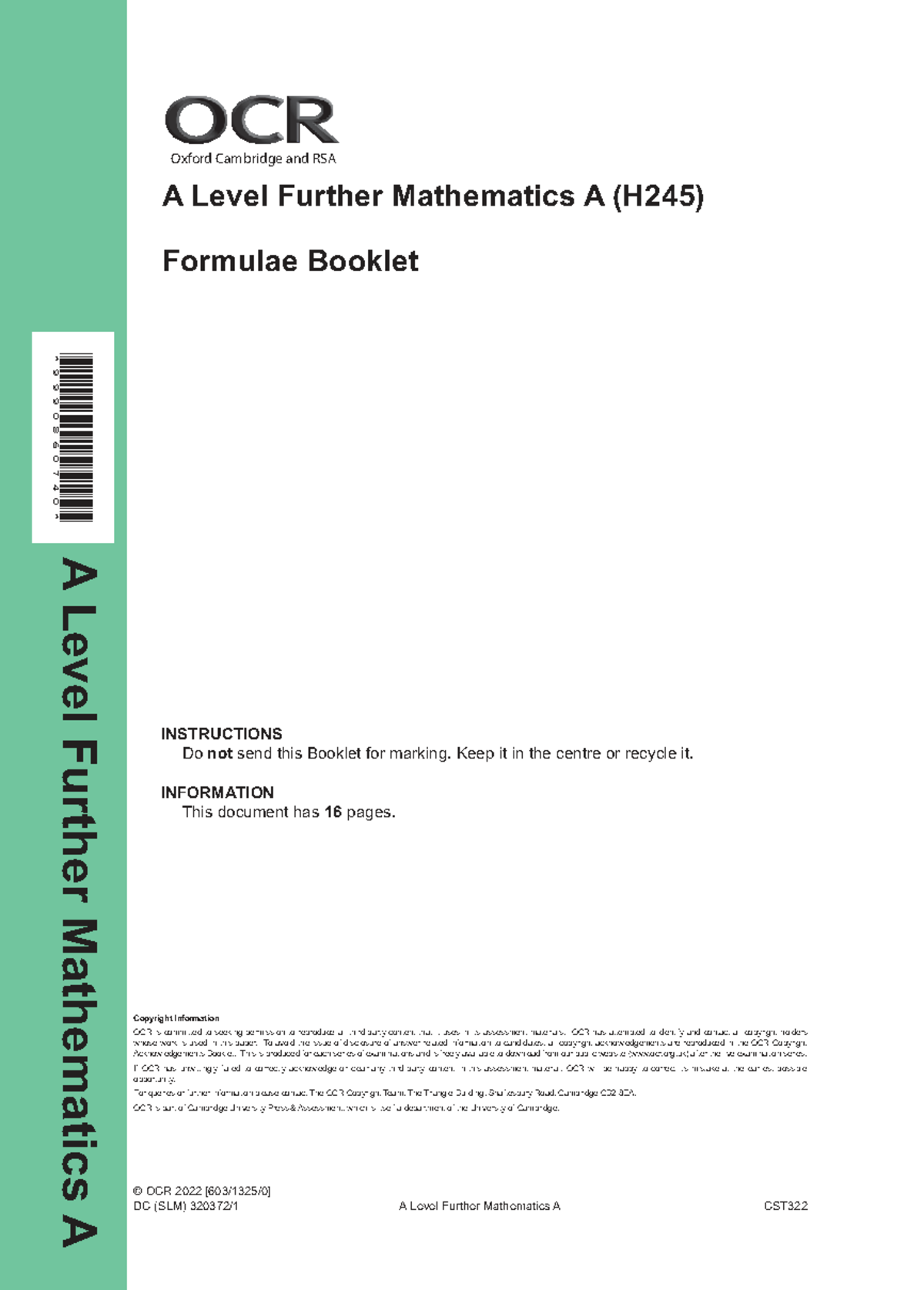 OCR A-Level Further Mathematics A (H245) Formulae Booklet - Studocu