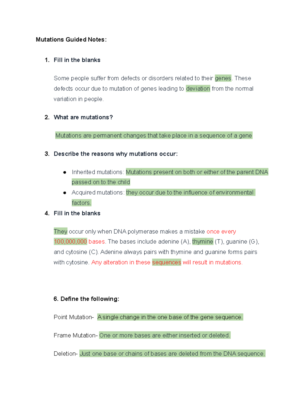 Mutations PP Guided Notes: Understanding Gene Alterations and Effects ...