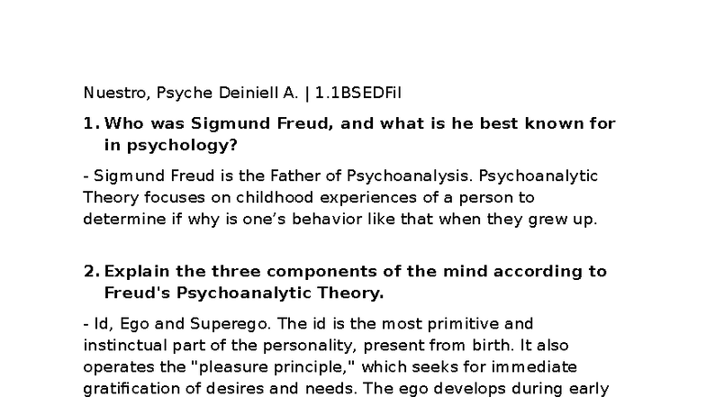 1.1BSEDFil: Understanding Sigmund Freud's Psychoanalytic Theory - Studocu