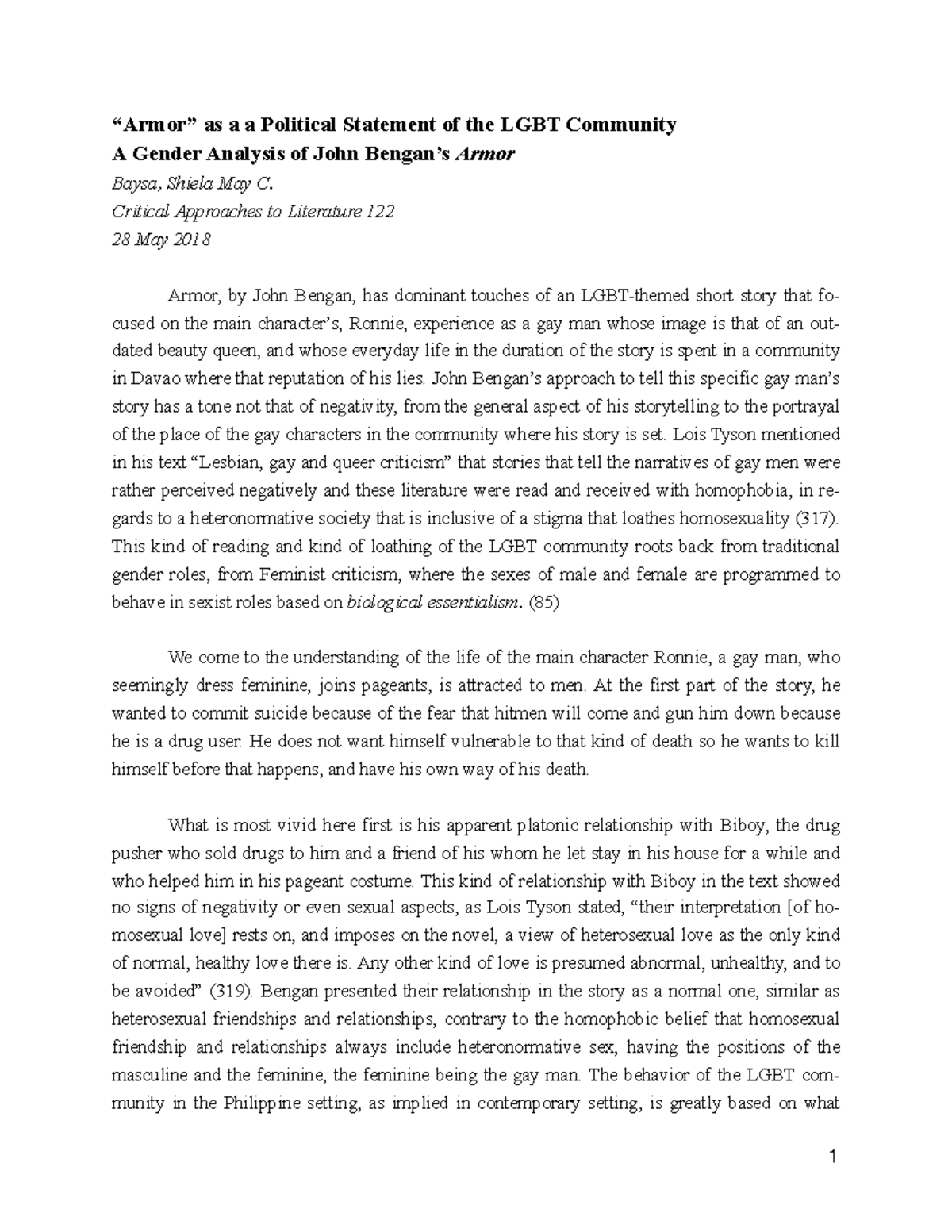 Critical Literature Analysis: Armor as a Political Statement (CTL 122 ...