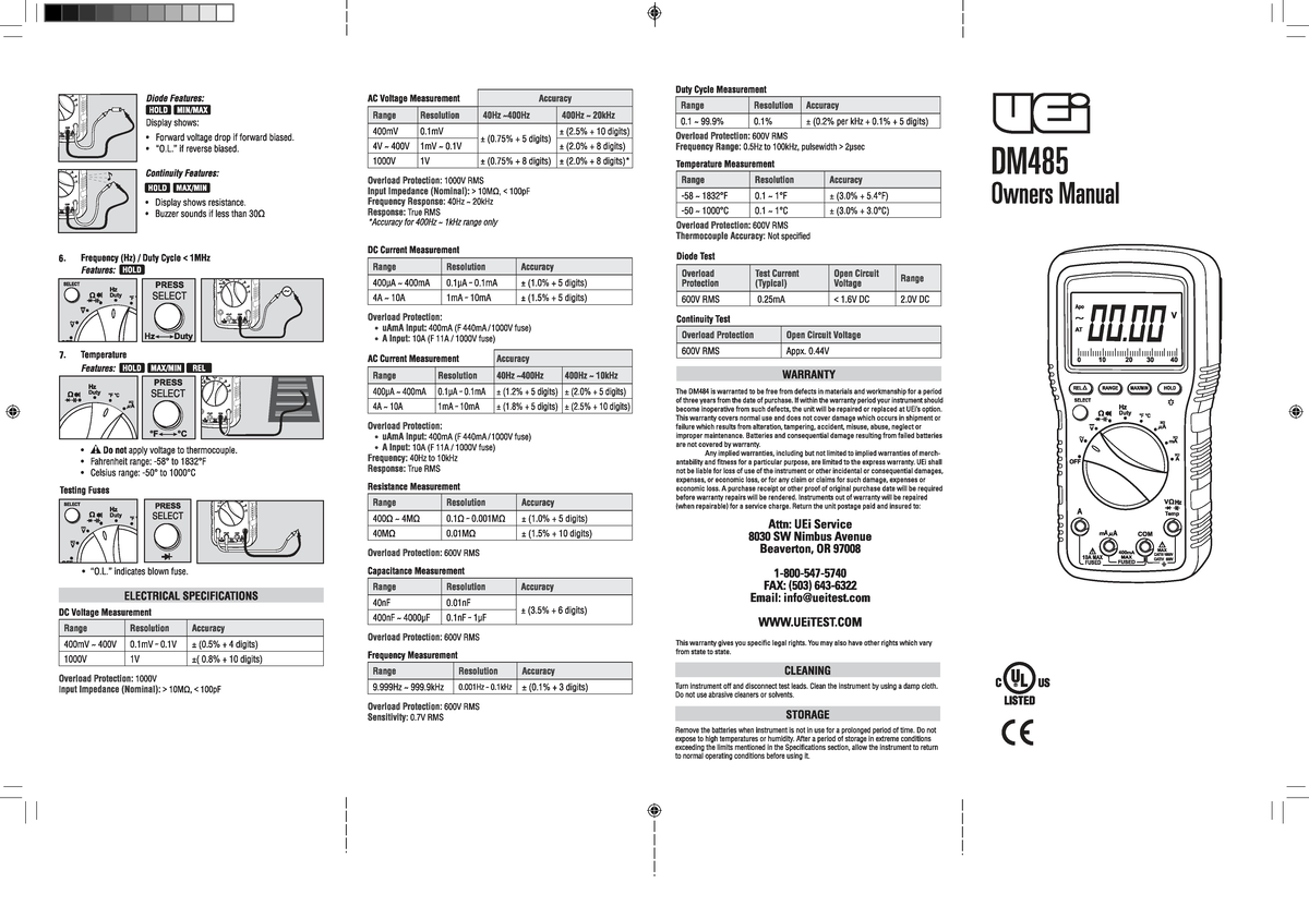 UEi C DM485 Manual: Duty Cycle & Measurement Features - Studocu