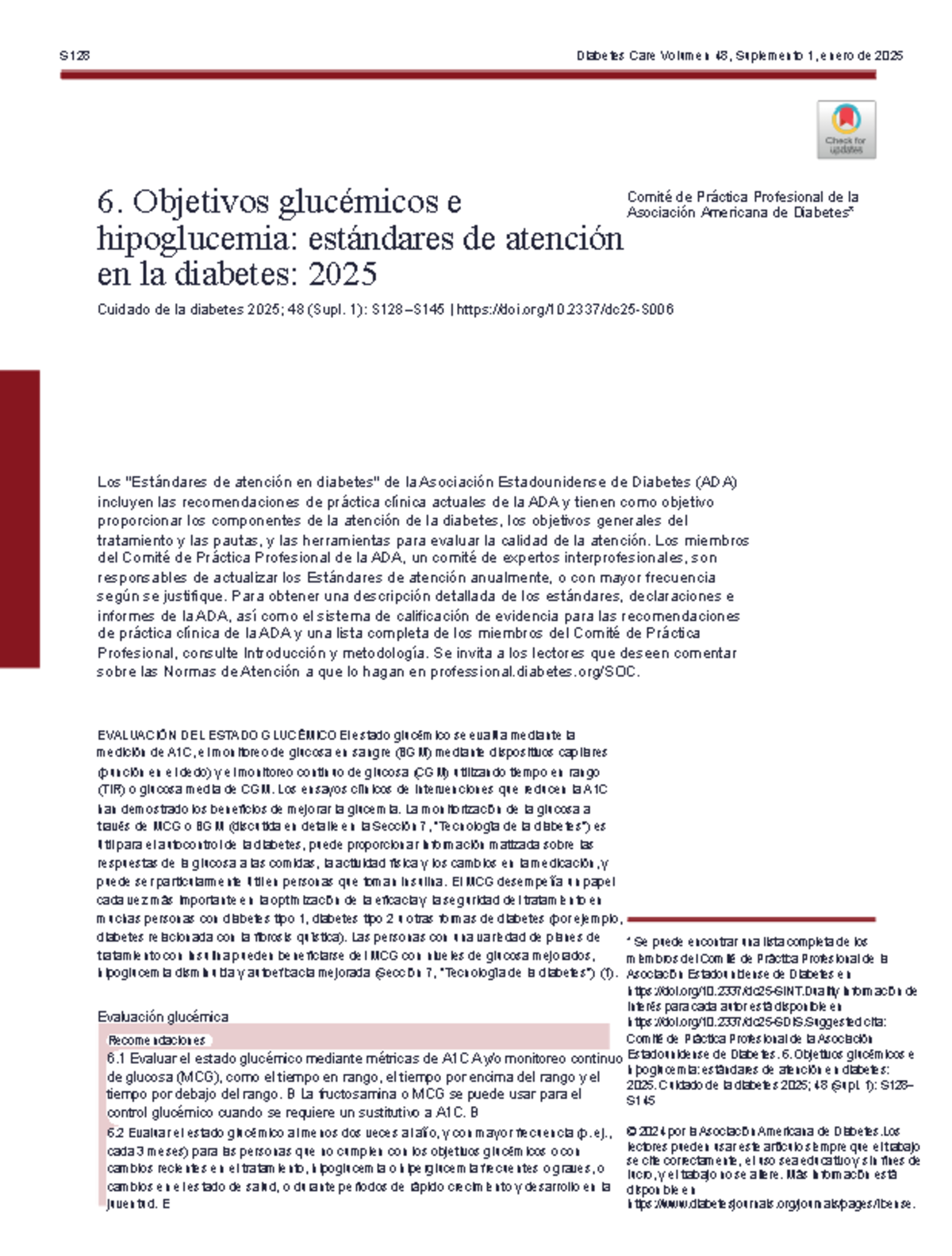 S128 Diabetes Care 2025: Estándares de Atención sobre Objetivos ...