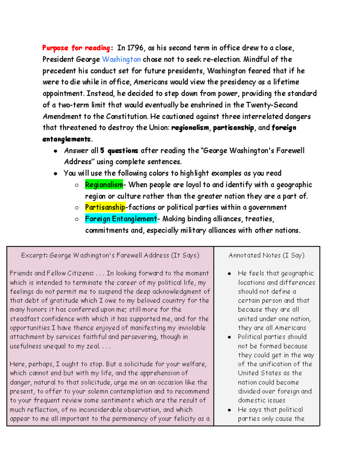 Washingtons farewell speech - Purpose for reading: In 1796, as his ...