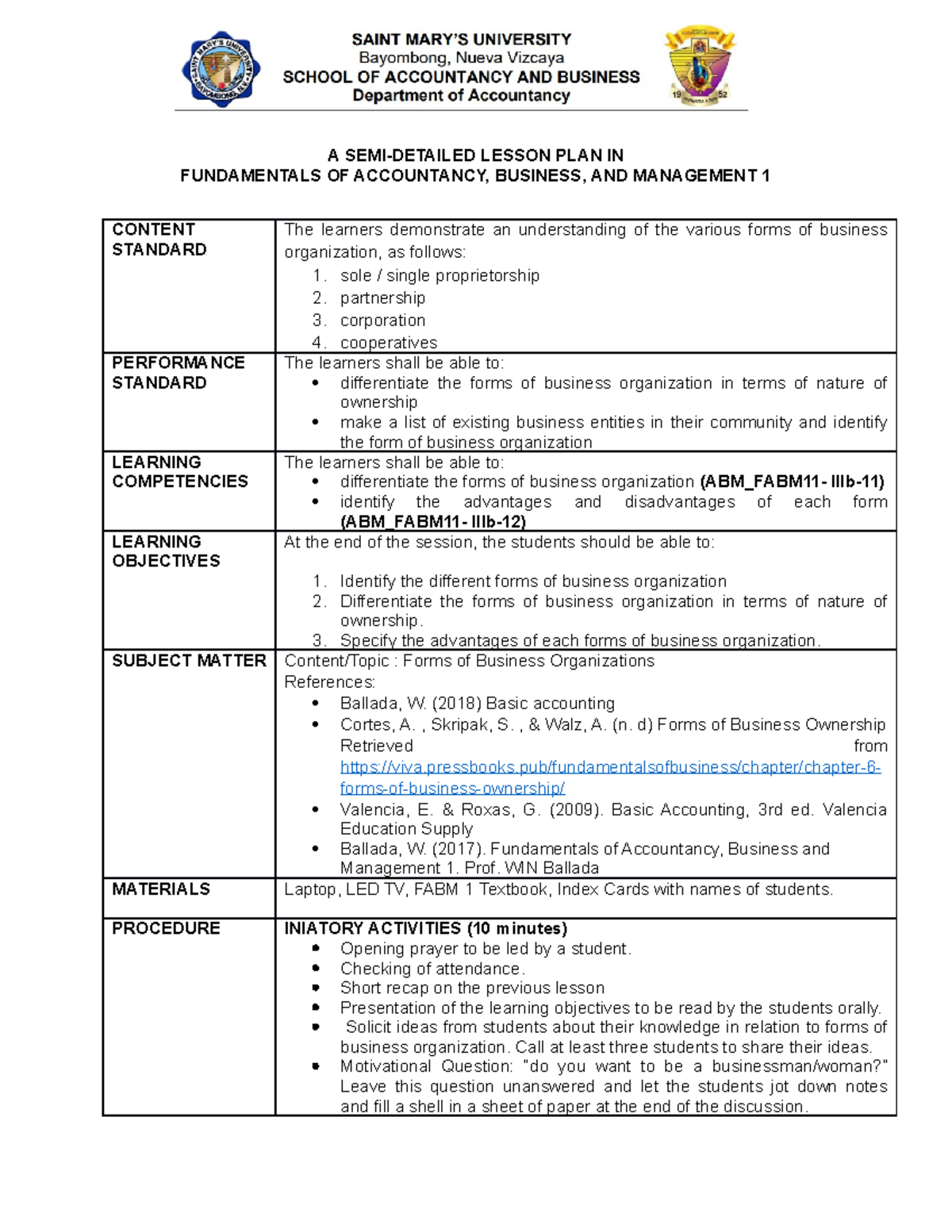 SEMI-DETAILED LESSON PLAN IN FUNDAMENTALS OF ACCOUNTANCY, BUSINESS, AND ...