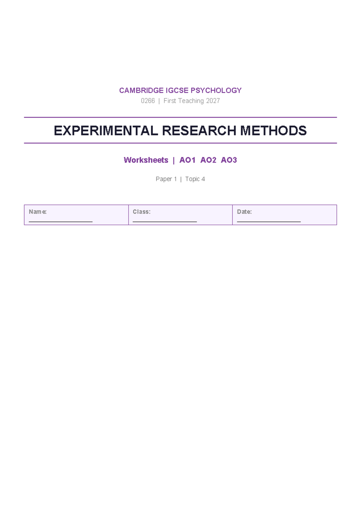 Cambridge IGCSE Psychology 0266 Experimental Research Methods ...