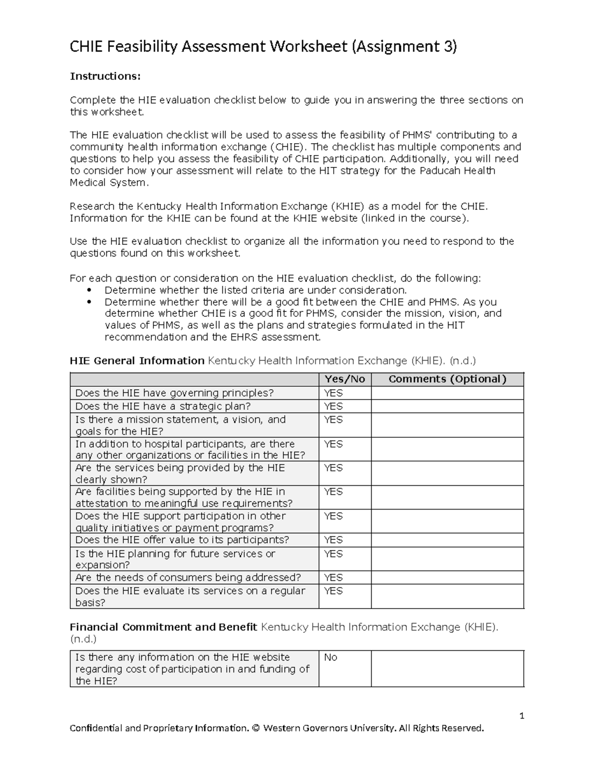 CHIE Feasibility Assessment Worksheet (Assignment 3) Guide - Studocu