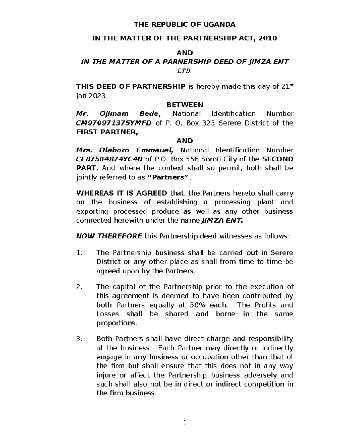 Partnership Deed for JIMZA ENT LTD - Document No. 112223 085523 - Studocu