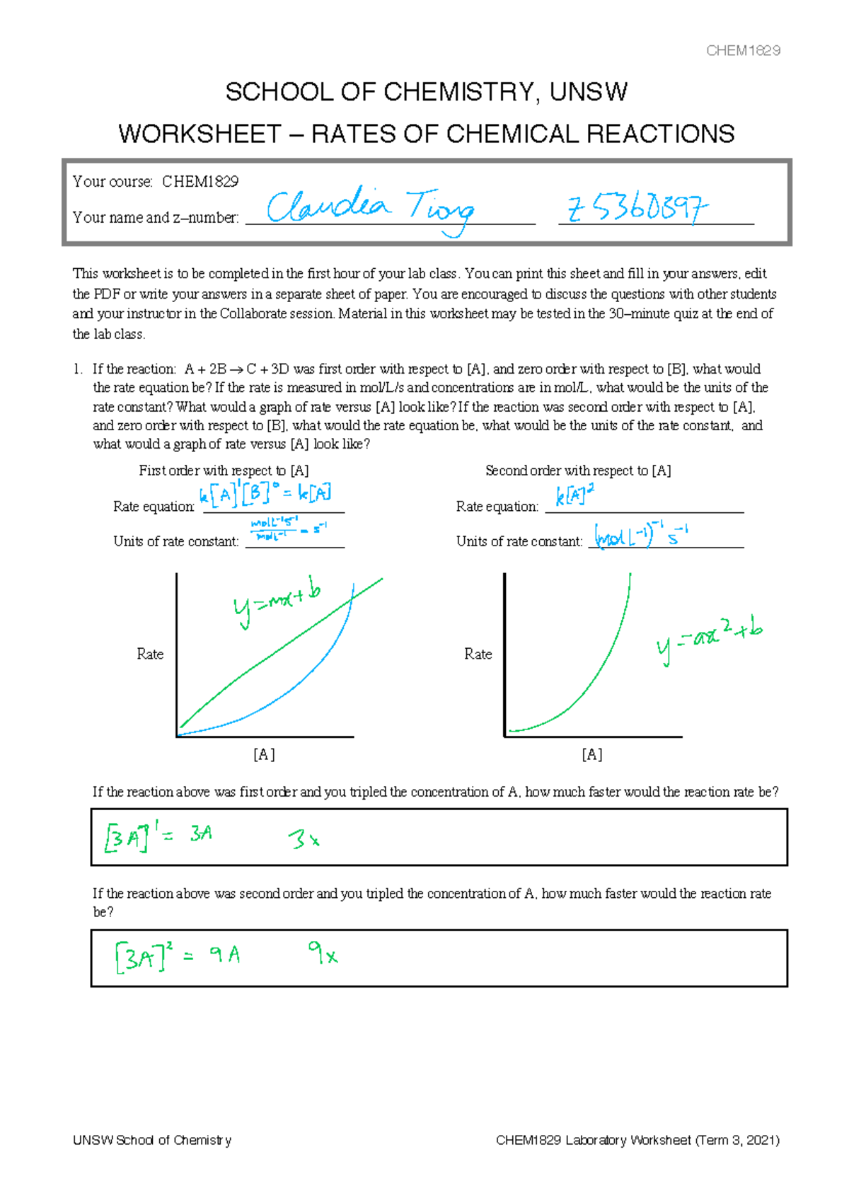 CHEM1829 Term 3 2021 Lab Worksheet on Rates of Chemical Reactions - Studocu