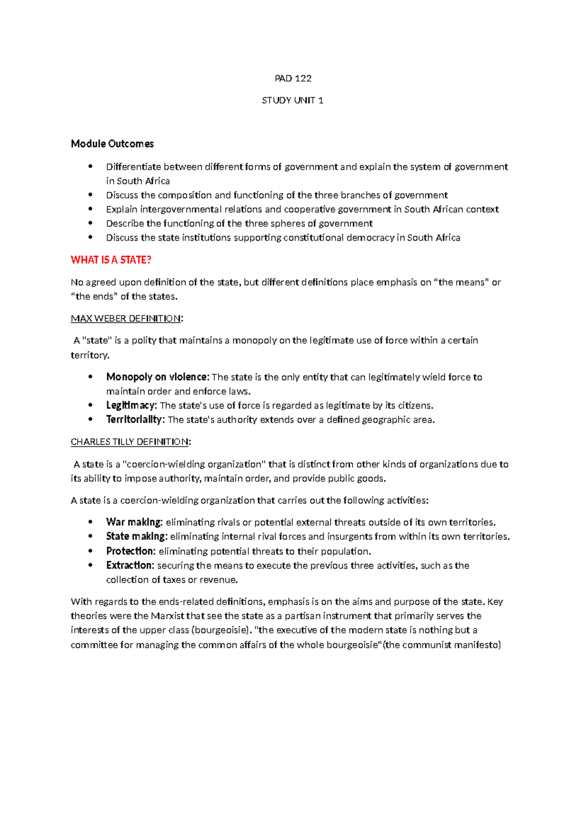 UNIT 1 SUMMARY - PAD 122 STUDY UNIT 1 Module Outcomes Differentiate ...