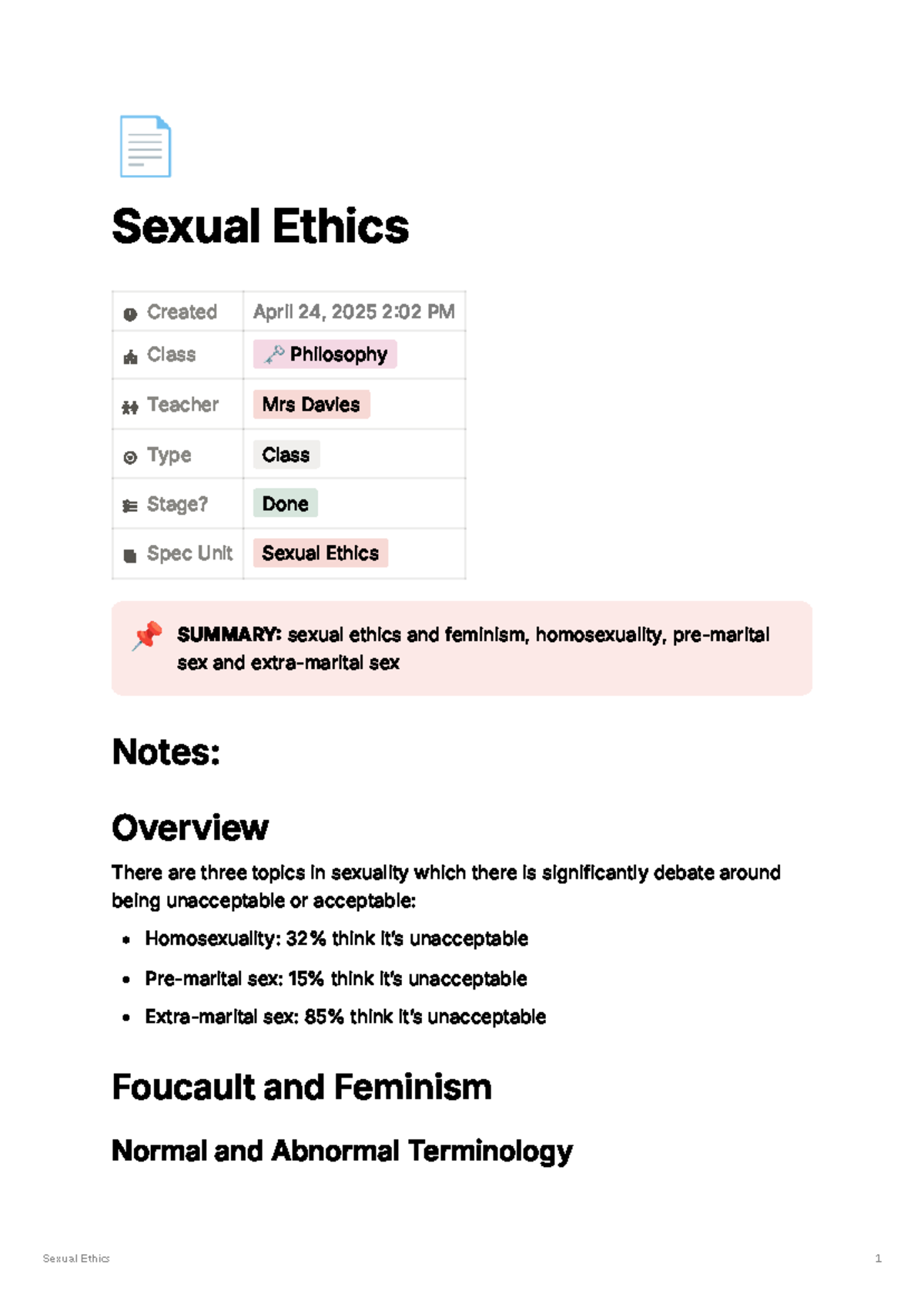 Sexual Ethics Class Notes - OCR Philosophy A Level - Studocu