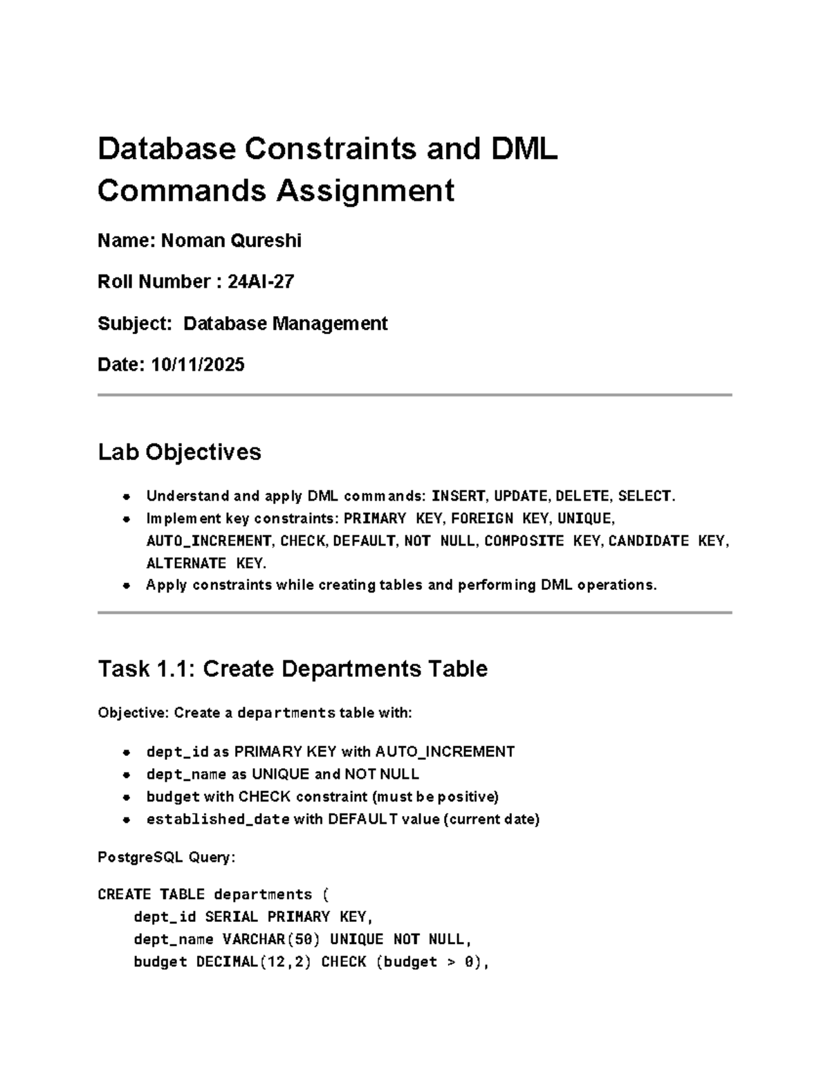 Database Management DML & Constraints Lab Task 1 - Studocu