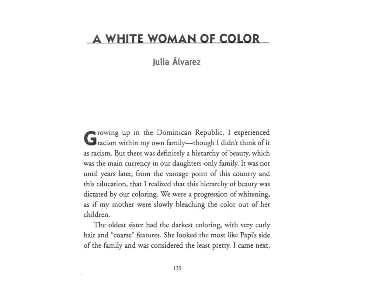A White Woman of Color: Reading Quiz Material on Julia Alvarez - Studocu