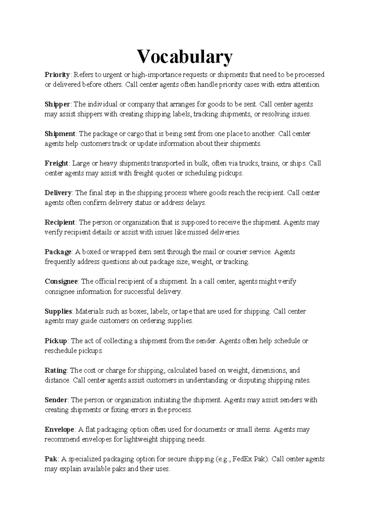 Vocabulary Guide for Call Center Agents: Key Shipping Terms - Studocu