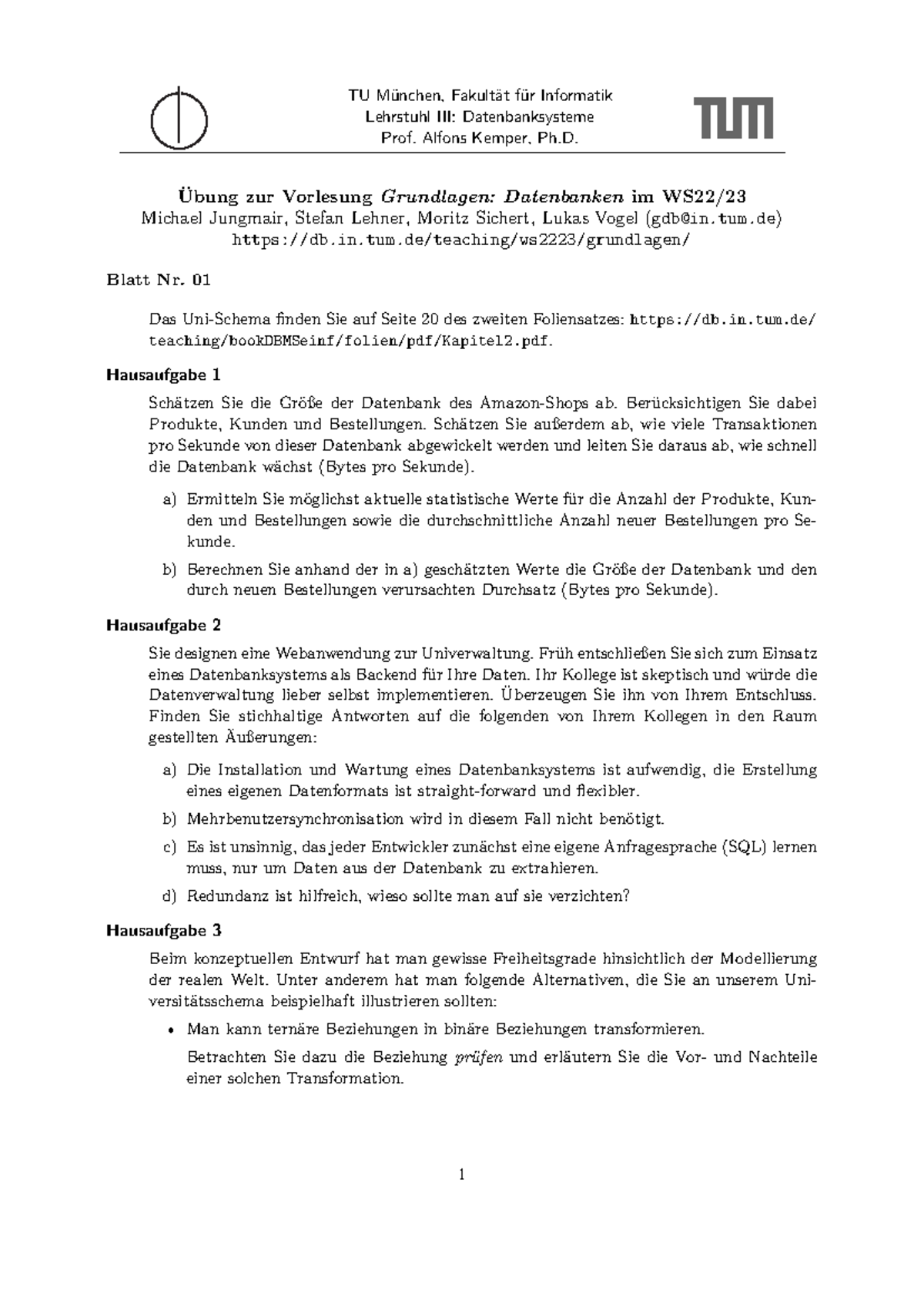 Blatt 01 - Tutorium Woche 1: Aufgaben zur Datenbank Grundlagen WS22 ...