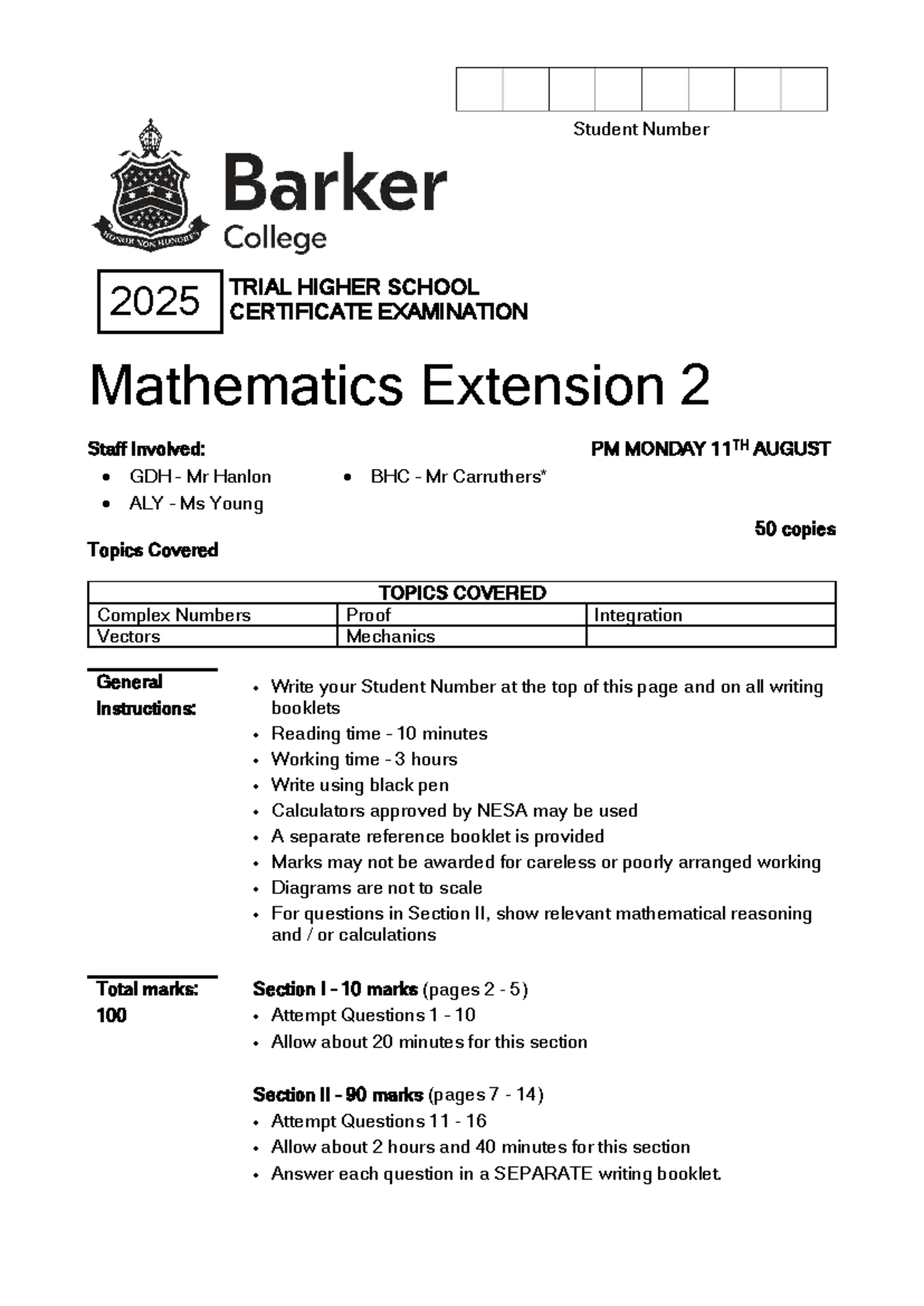 Mathematics Extension 2 Trial HSC Exam 2025 - Work & Questions - Studocu