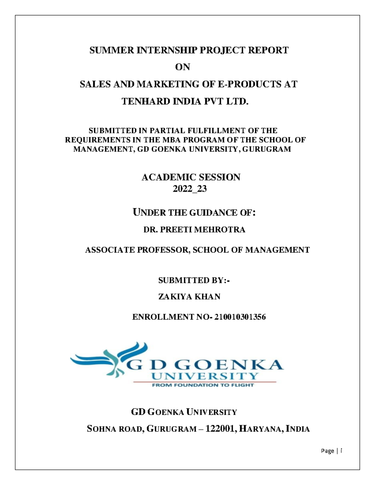 Summer Internship Project Report Zakiya khan PDF[584] - Page | i SUMMER ...