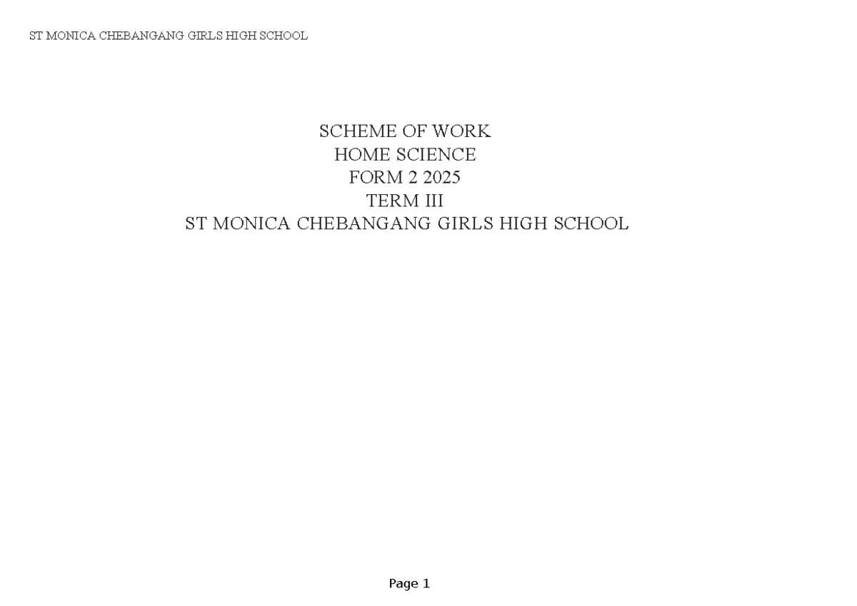 HOME SCIENCE FORM 2 SCHEME OF WORK TERM 3 2025 - Studocu