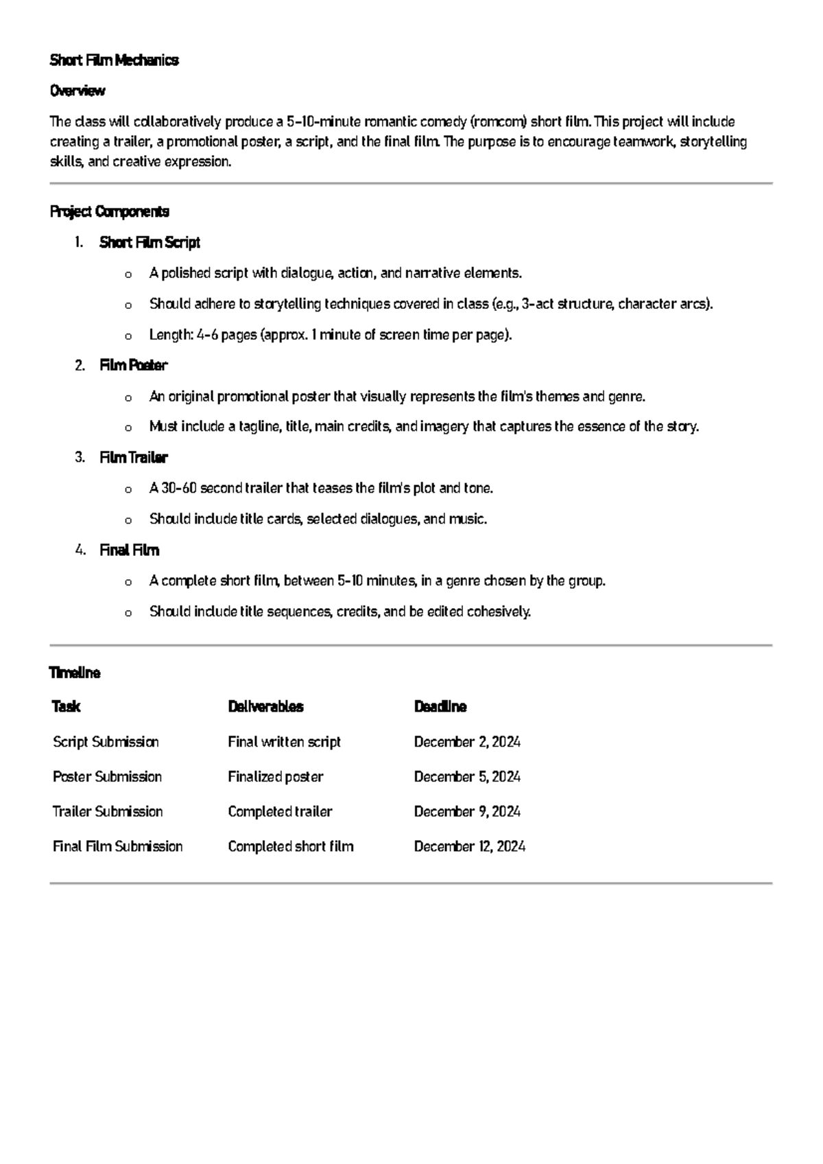 Short Film Project Guidelines: Romantic Comedy Production - Studocu