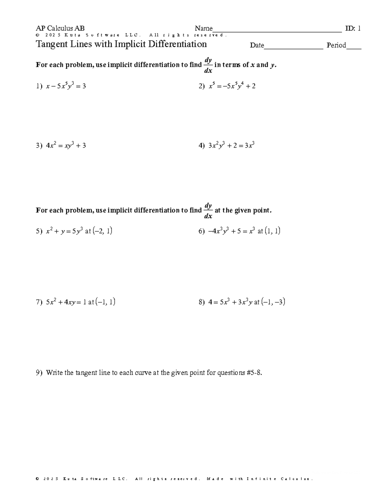 AP Calculus AB: Tangent Lines with Implicit Differentiation Worksheet ...