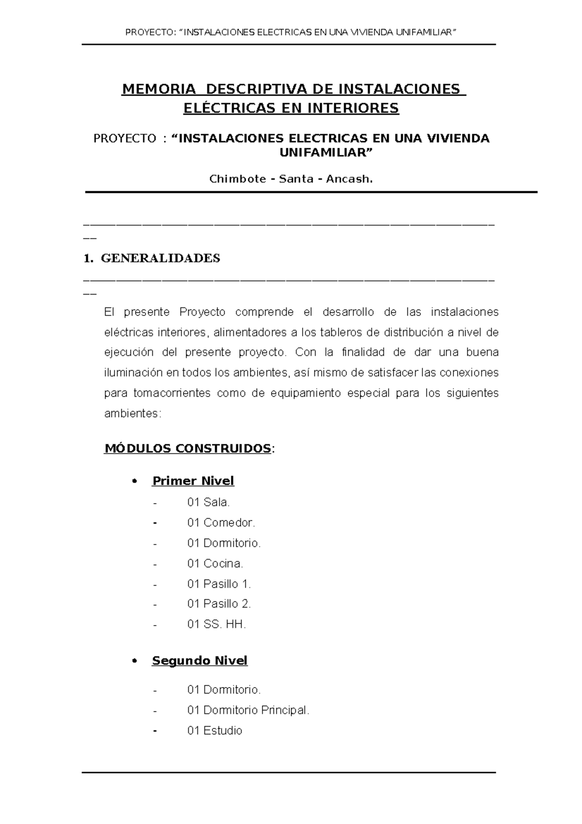 72117242 Memoria Descriptiva Electricas final - PROYECTO: ELECTRICAS EN UNA VIVIENDA MEMORIA ...