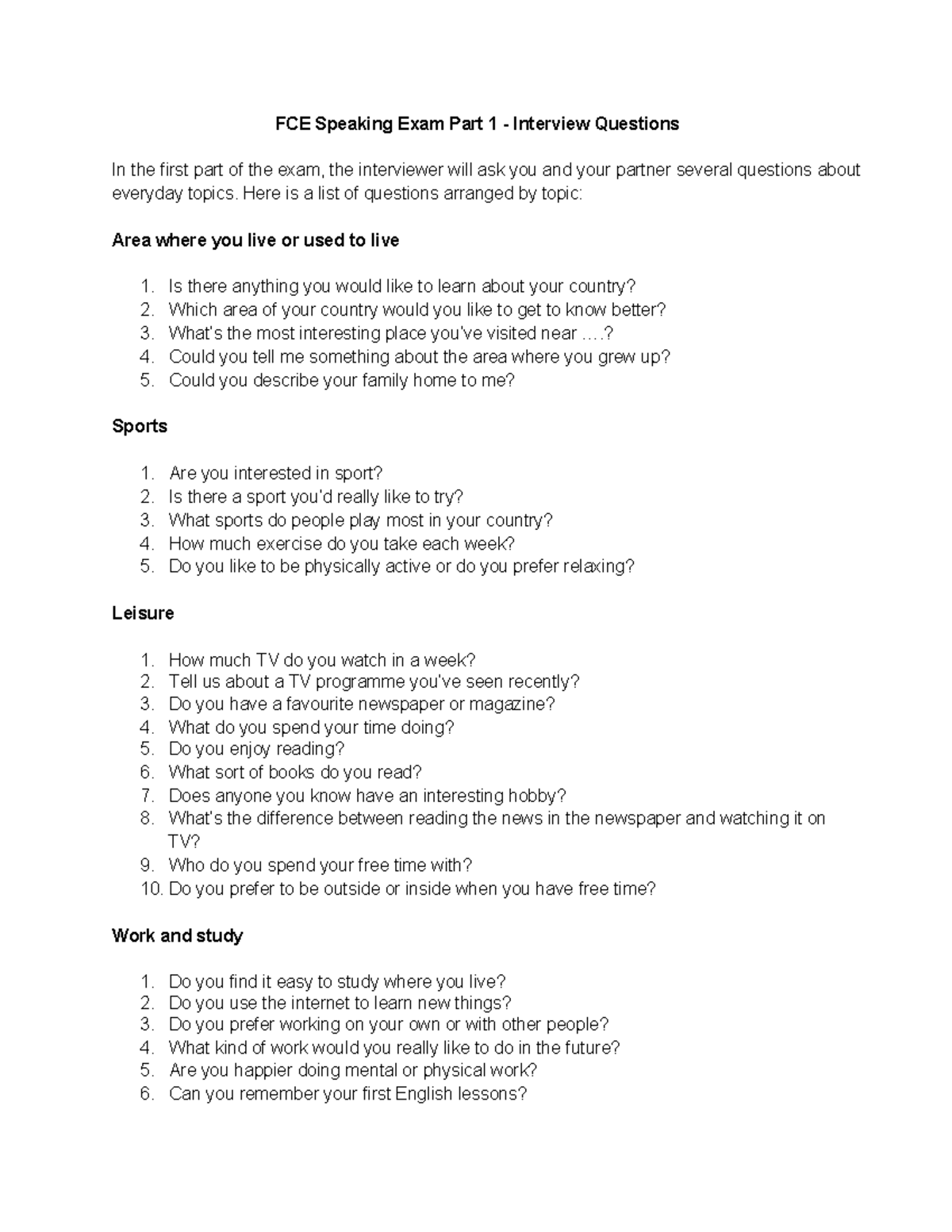 FCE Speaking Exam Part 1: Essential Interview Questions - Studocu