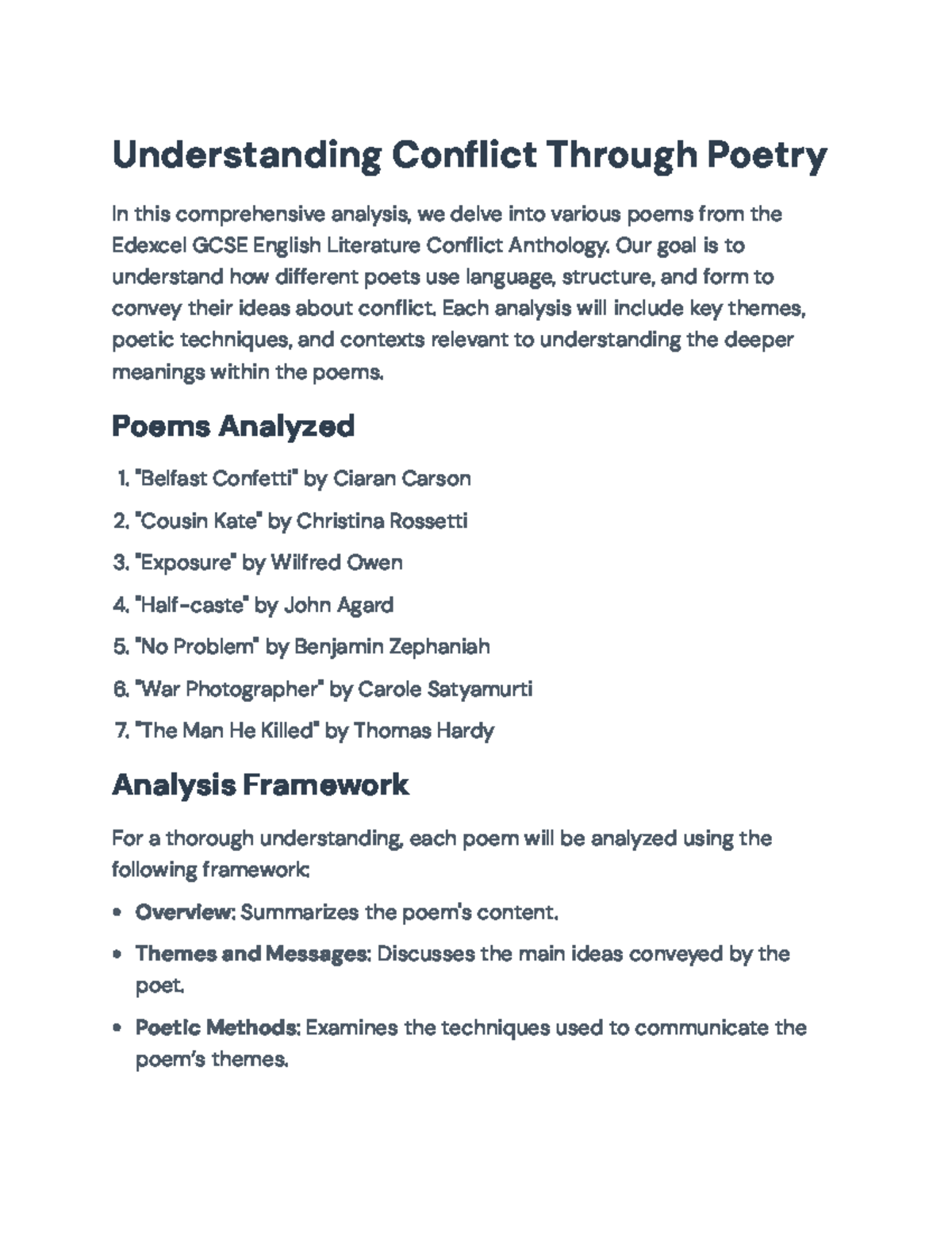 Edexcel GCSE English Lit: Conflict Anthology Poem Analyses Guide - Studocu