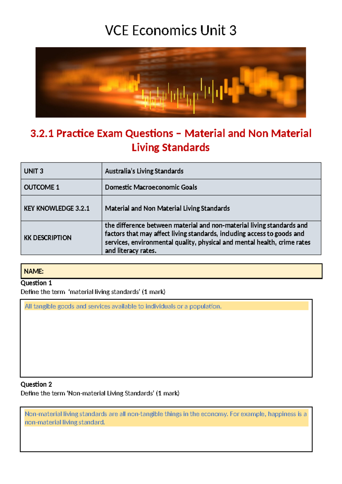 VCE Economics Unit 3 3.2.1 Practice Exam Questions on Living Standards ...