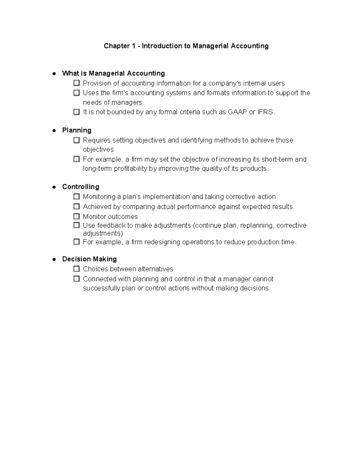 ACC - Textbook Notes - Chapter 1 - Introduction to Managerial ...