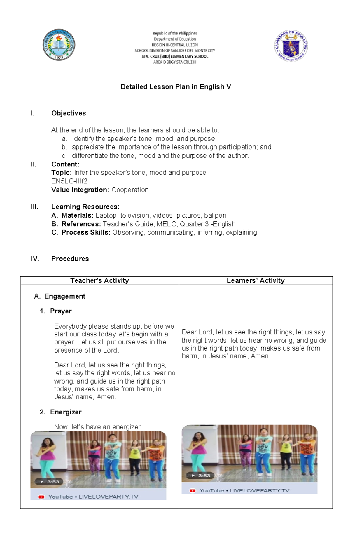 Detailed Lesson Plan: Inferring Tone, Mood, & Purpose in EN5LC-IIIf ...