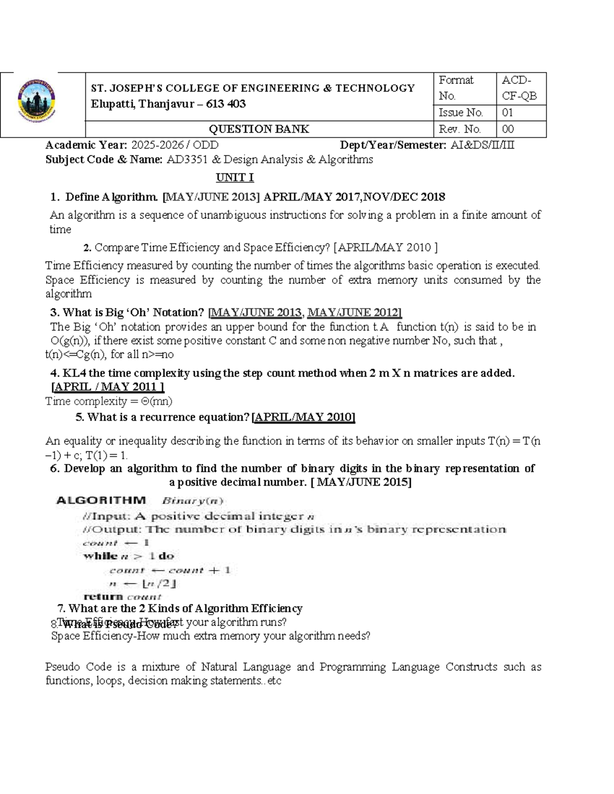 DA3351 Design Analysis Algorithms - Question Bank (Unit I) - Studocu