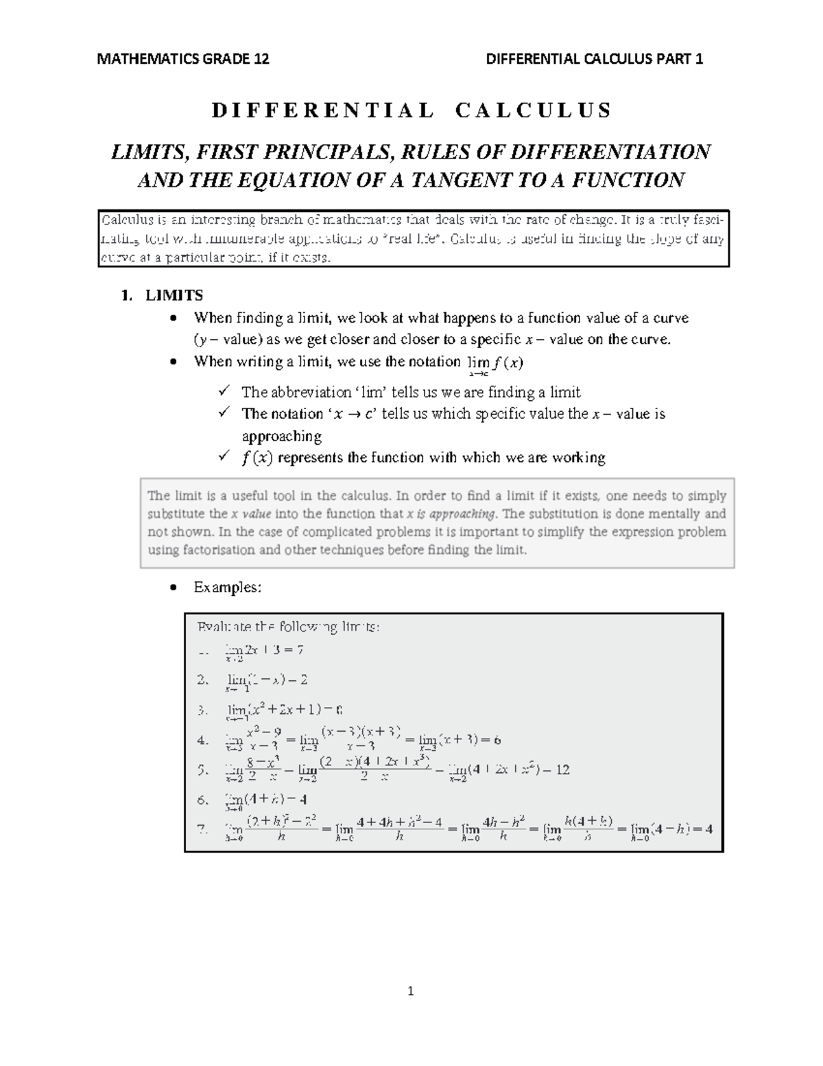 MATHEMATICS GRADE 12 DIFFERENTIAL CALCULUS: LIMITS & DERIVATIVES - Studocu