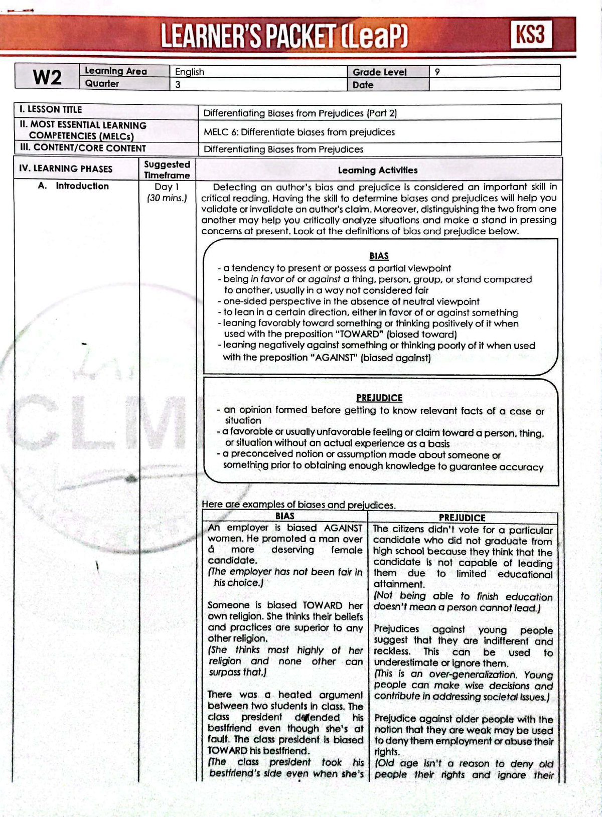 PACKET (LeaP) KS3 W2 English Lesson: Differentiating Biases ...