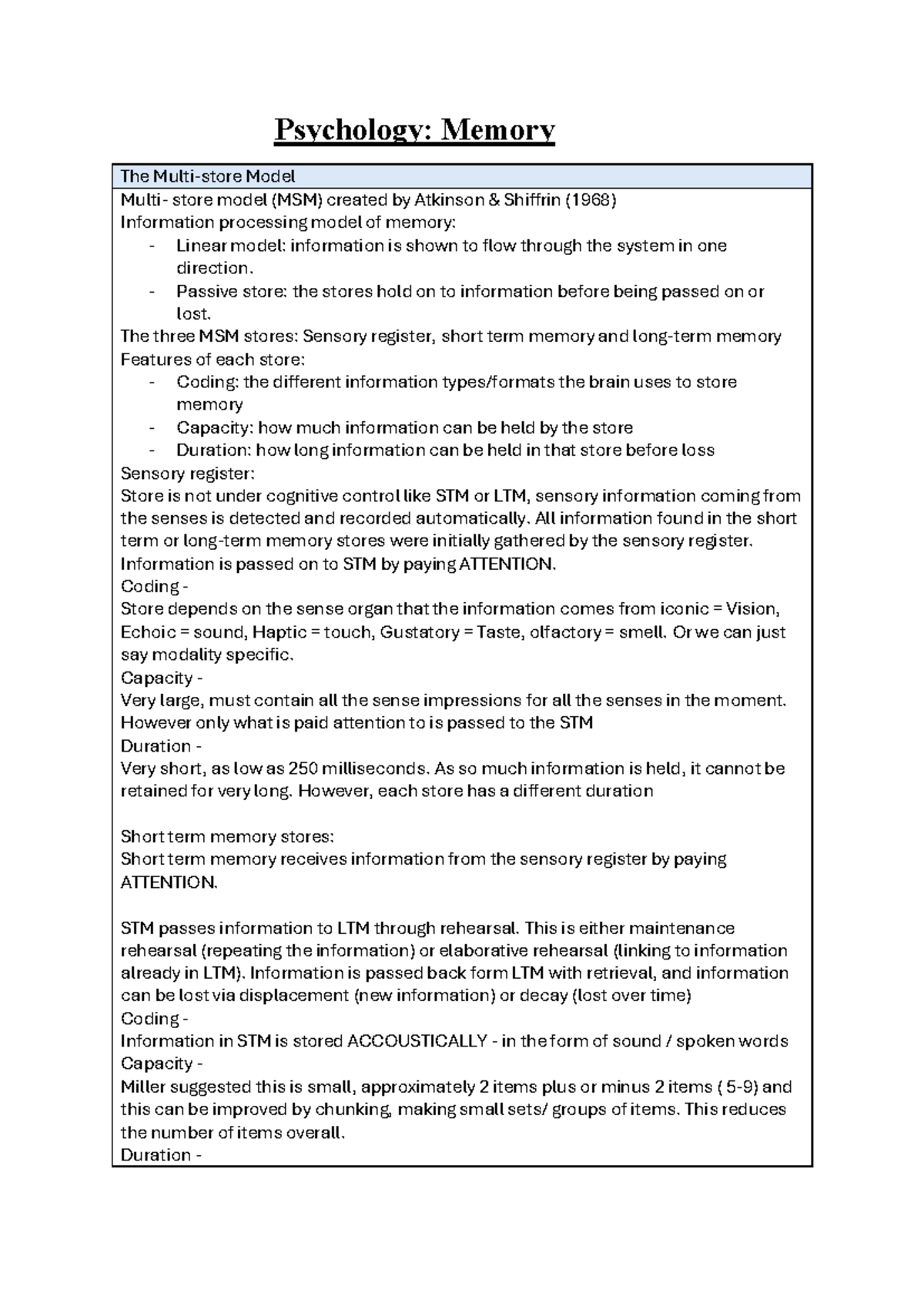 Psychology: Memory Notes on the Multi-Store Model (MSM) and Research ...