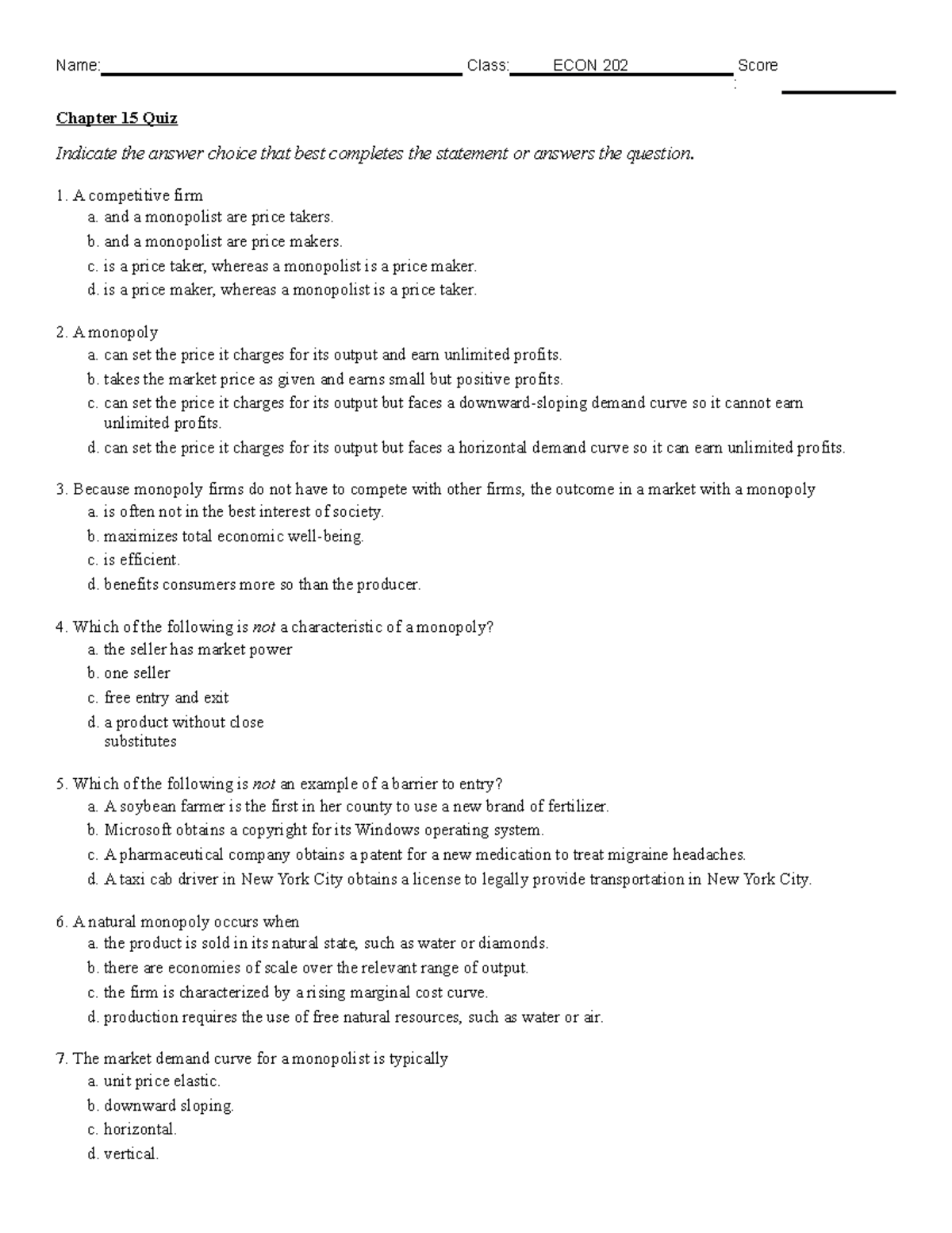 ECON 202 - Chapter 15 Quiz Practice Questions and Answers - Studocu
